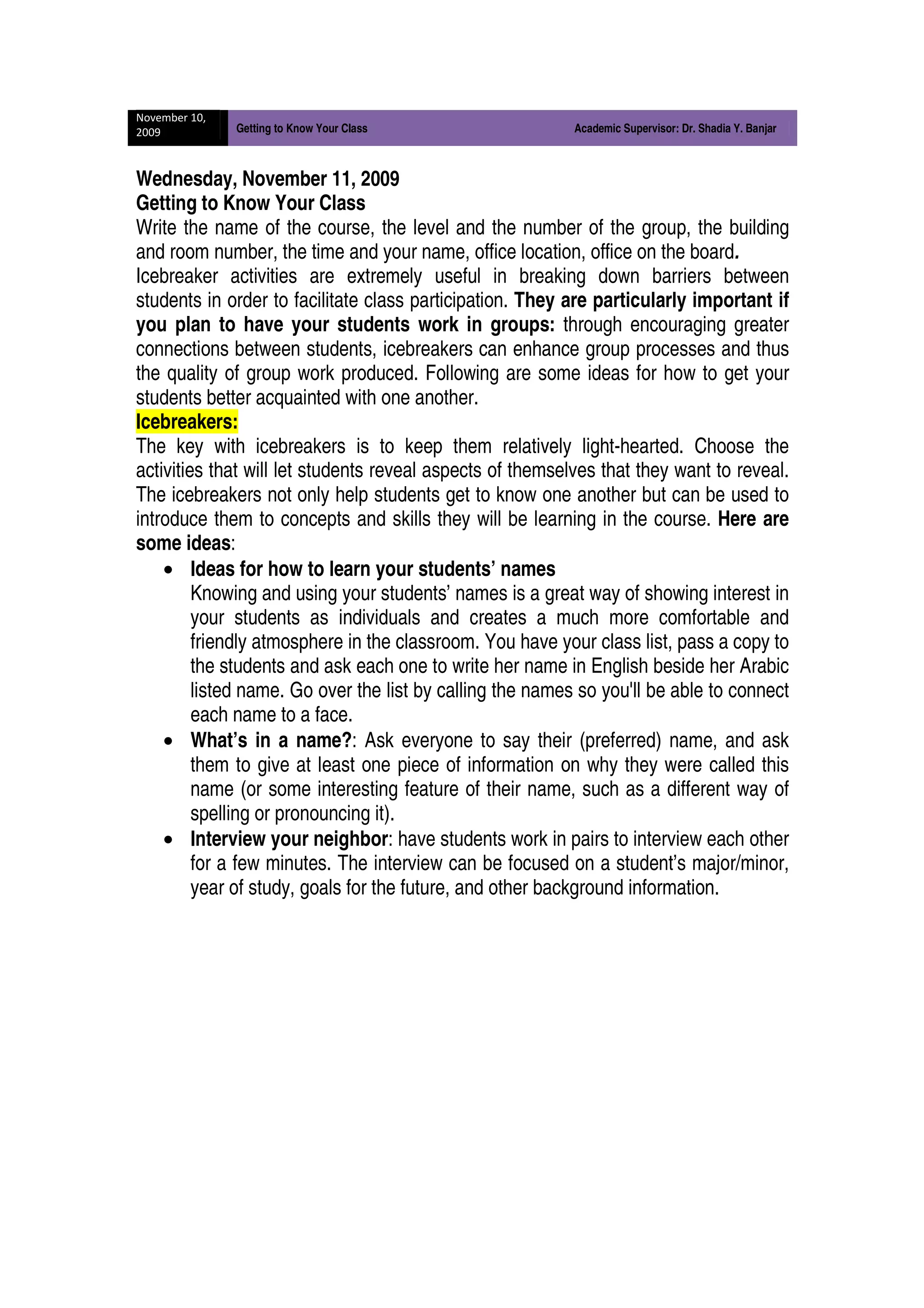 Getting To Know Your Class | PDF