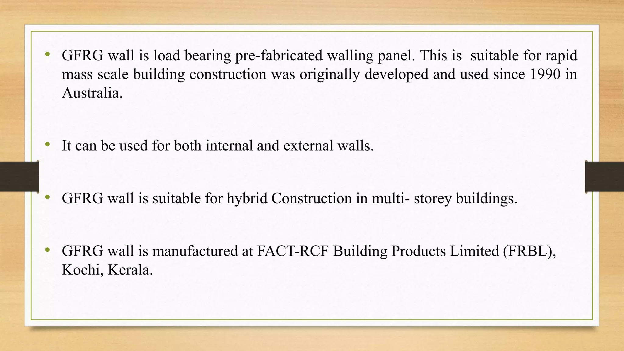Glass Fiber Reinforced Gypsum (GFRG) Panel | PPTX