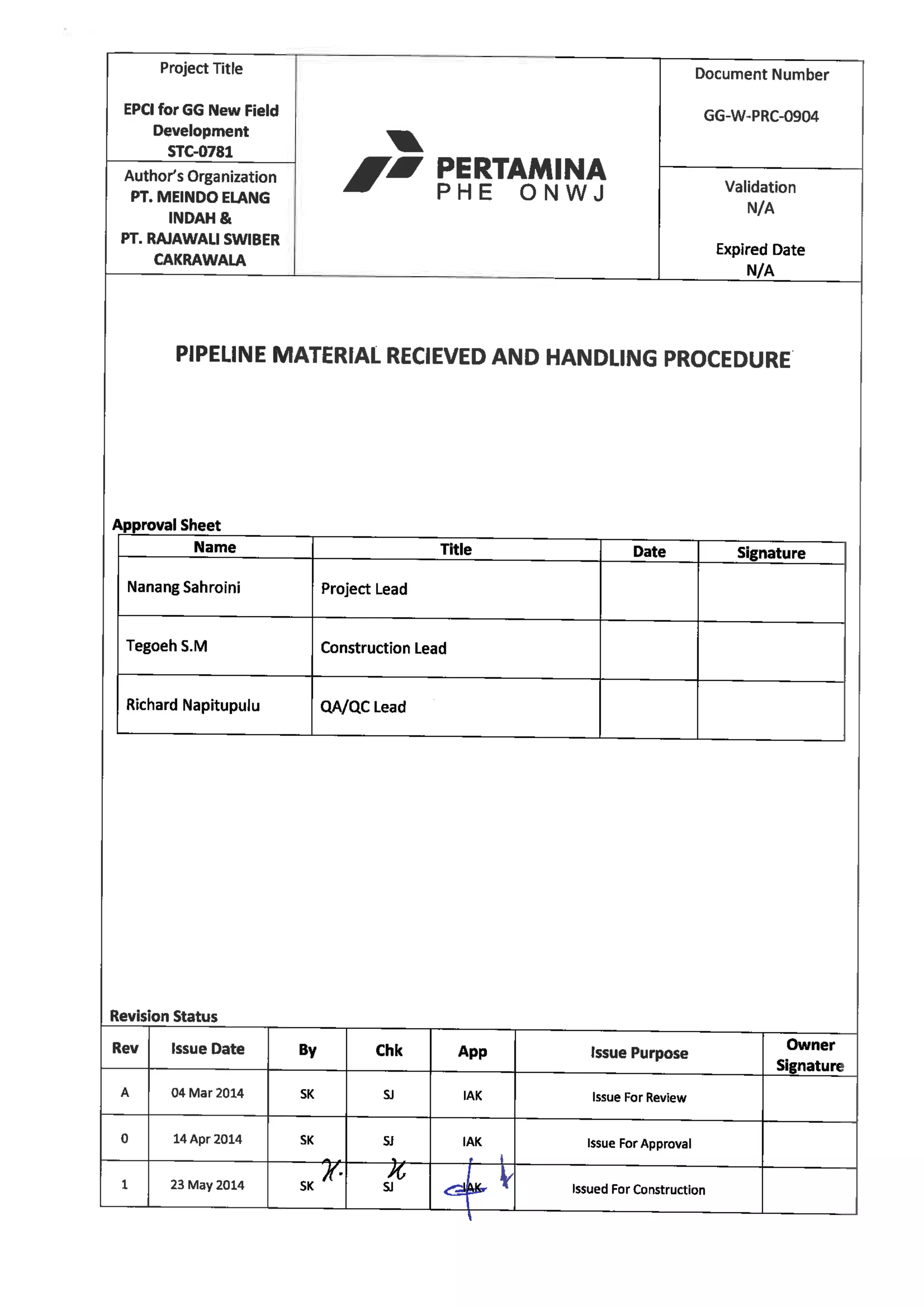 Gg w-prc-0904~1 pipeline material reveived and handling procedure | PDF