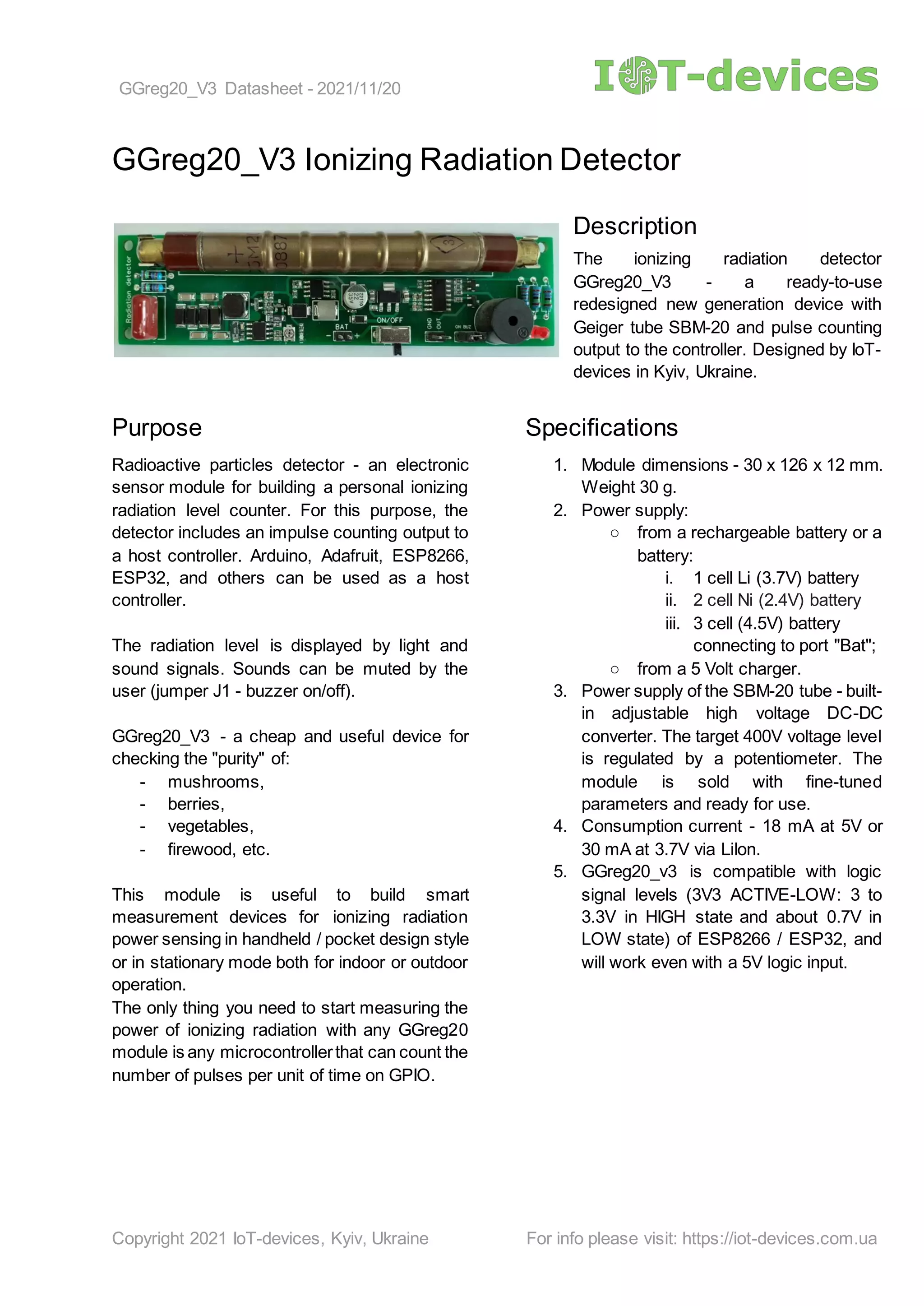 GGreg20_V3 Ionizing Radiation Detector Datasheet by IoT-devices LLC | PDF