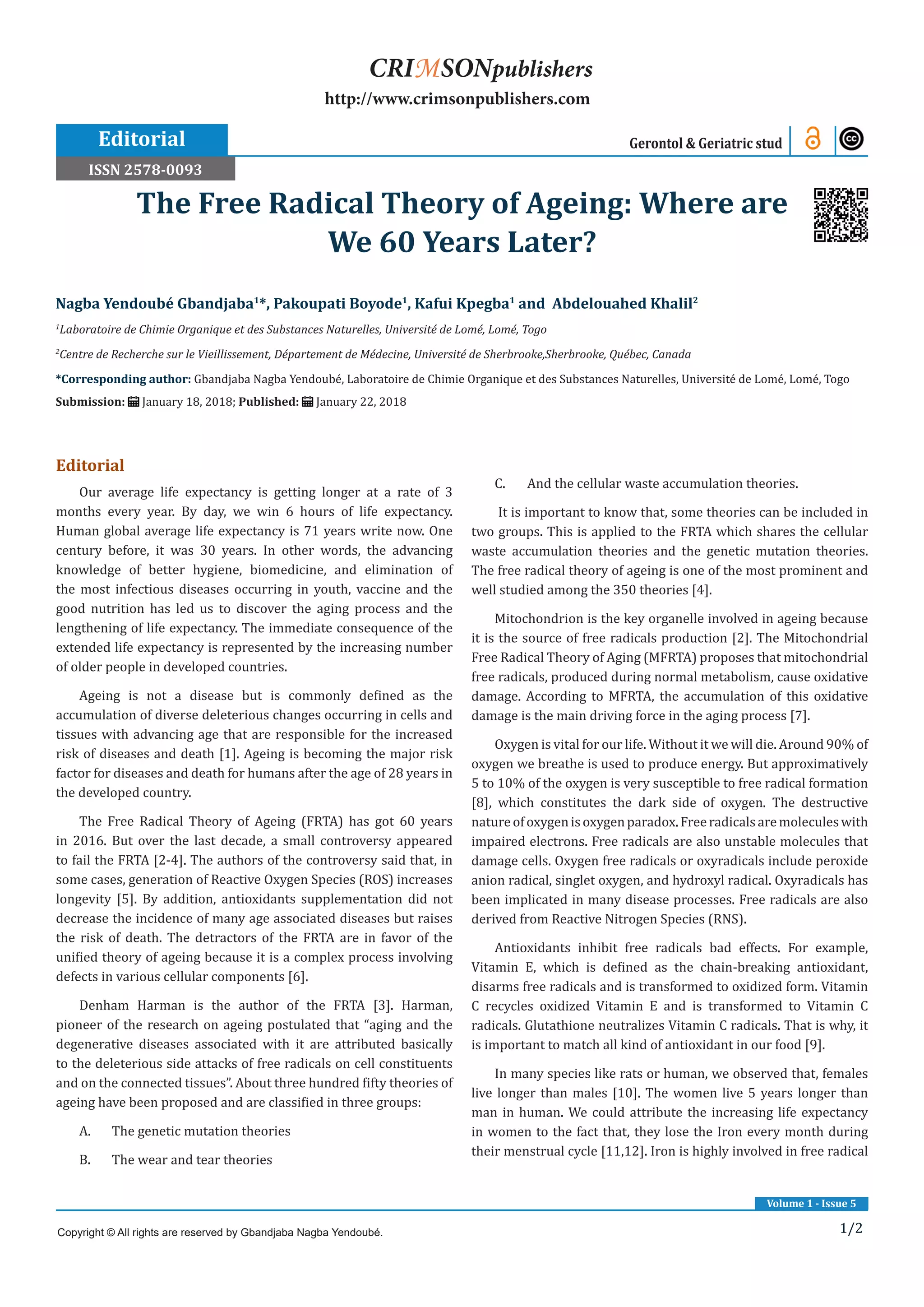 Crimson Publishers-The Free Radical Theory of Ageing: Where are We 60 ...