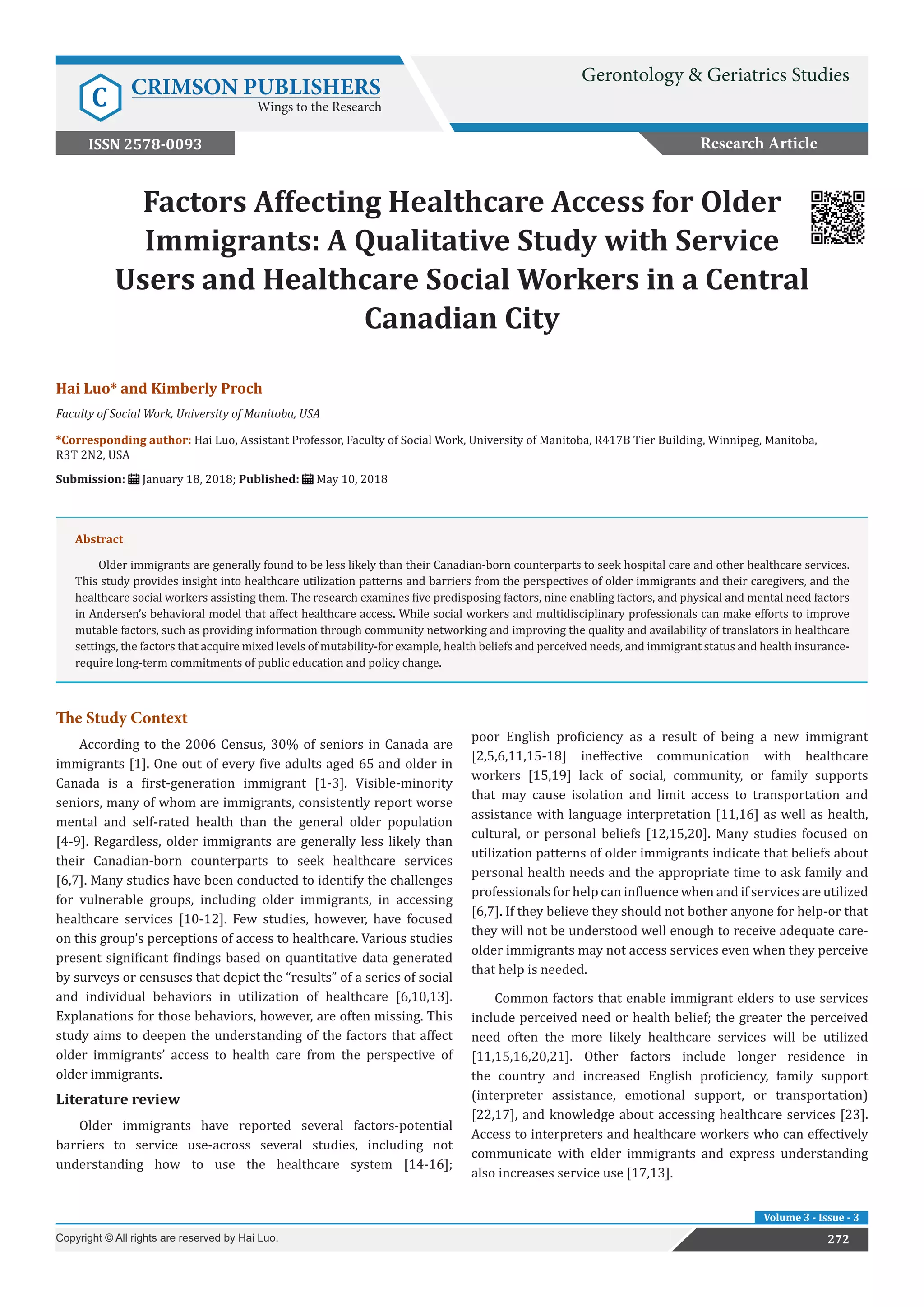 Factors Affecting Healthcare Access for Older Immigrants: A Qualitative Study with Service Users ...