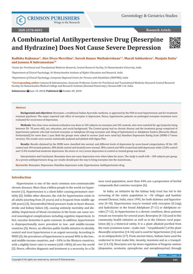 A Combinatorial Antihypertensive Drug (Reserpine and Hydrazine) Does ...