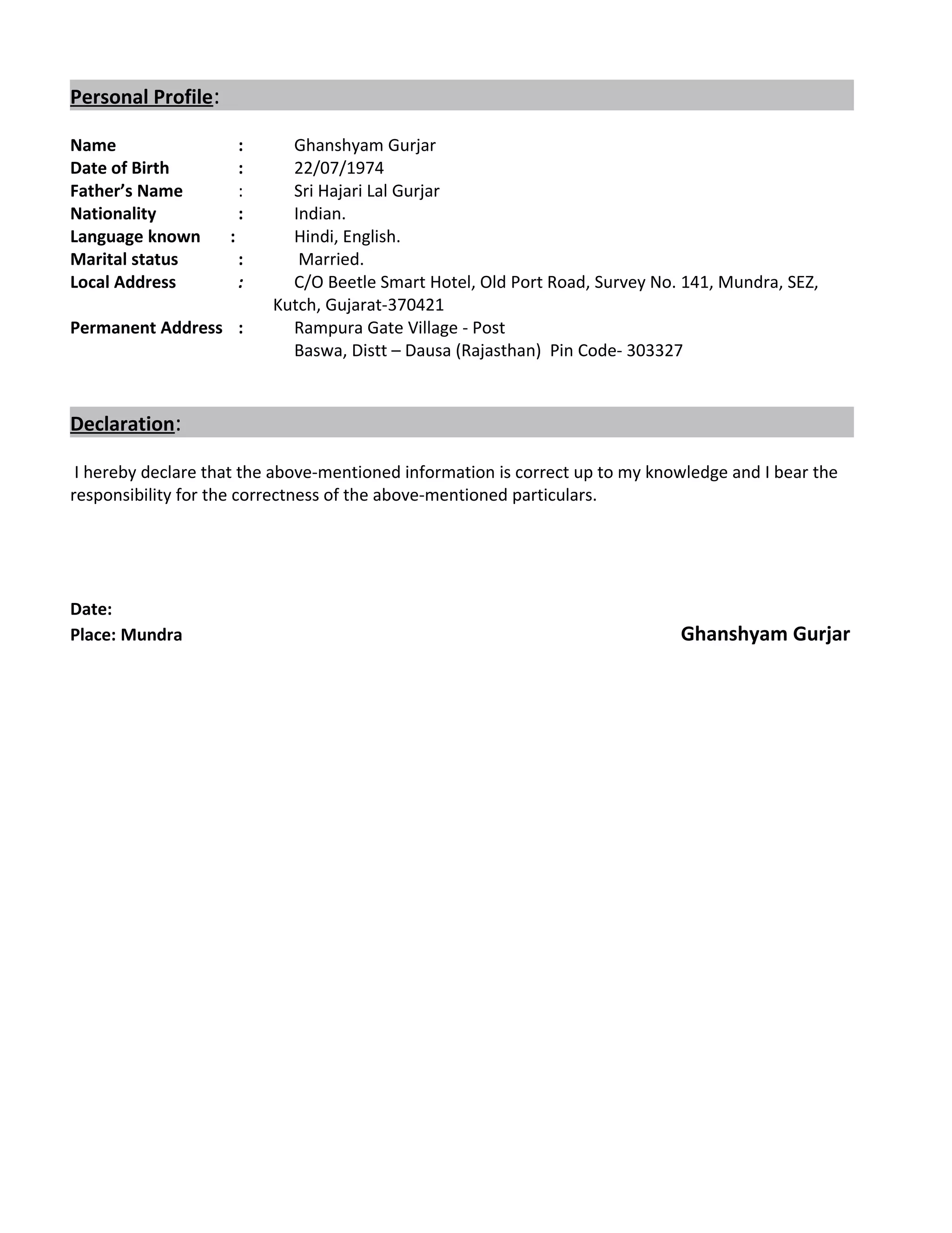 Ghanshyam gurjar resume | DOC