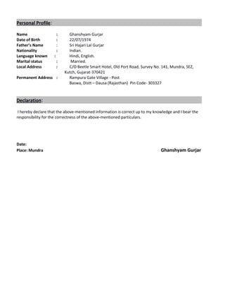 Ghanshyam gurjar resume | DOC