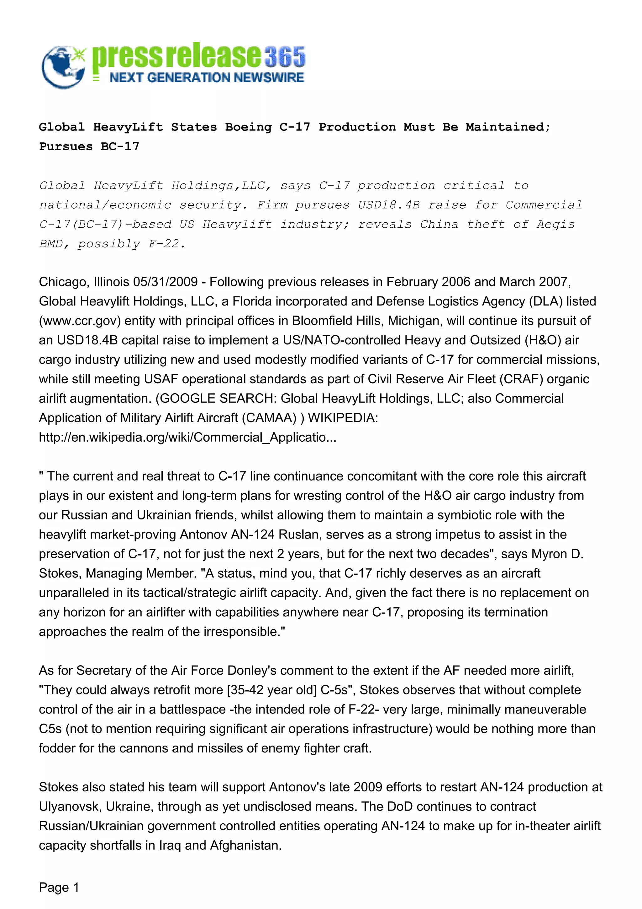 Global HeavyLift States C-17 Production Must be Maintained: To Seek FAA ...