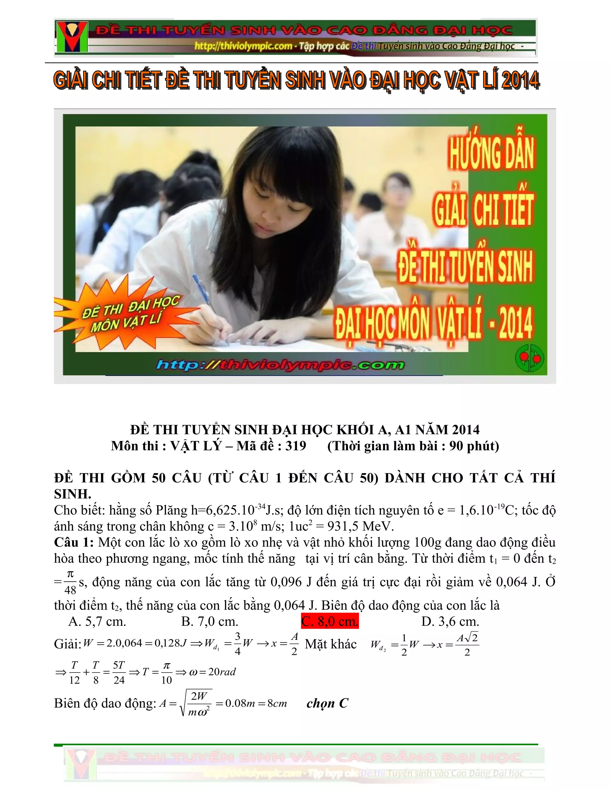 Giai chi tiet de thi dại hoc vat ly khoi a 2014 | PDF