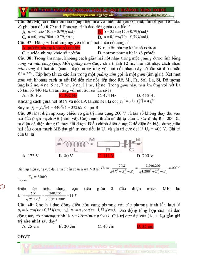 Giai chi tiet de thi dại hoc vat ly khoi a 2014 | PDF