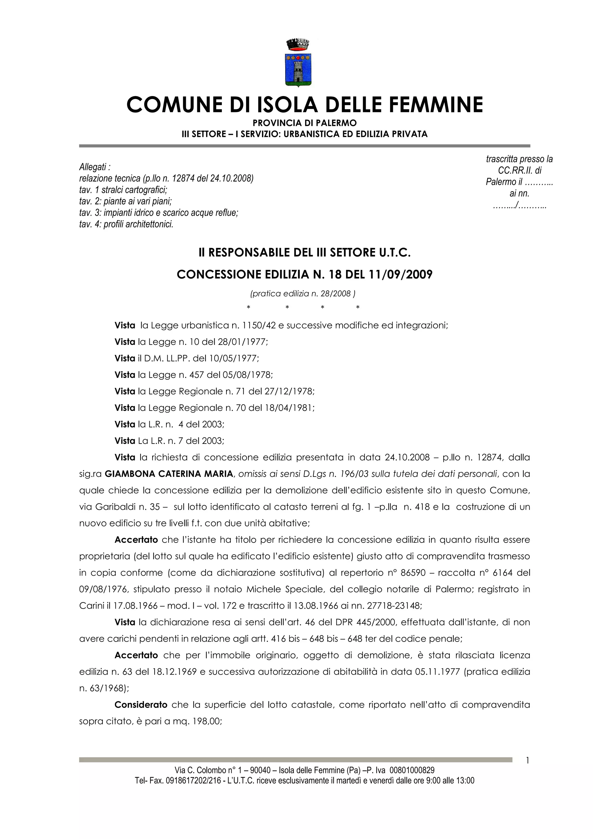 Giambona caterina maria licenza via garibaldi 35 foglio 1 part 418 c.e. n.18 2009 | PDF