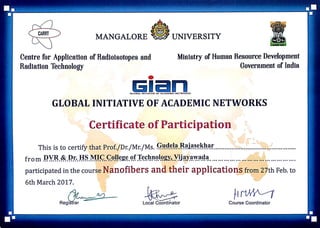 GIAN Mangalore University (Credit Course Nanofibers and their ...