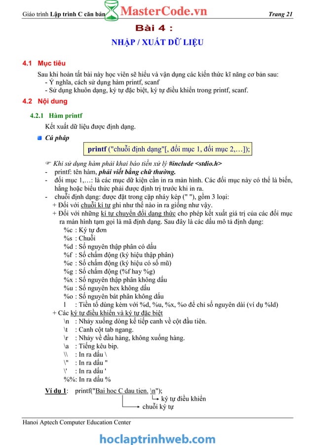 Giáo trình Lập trình C căn bản - Aptech | PDF