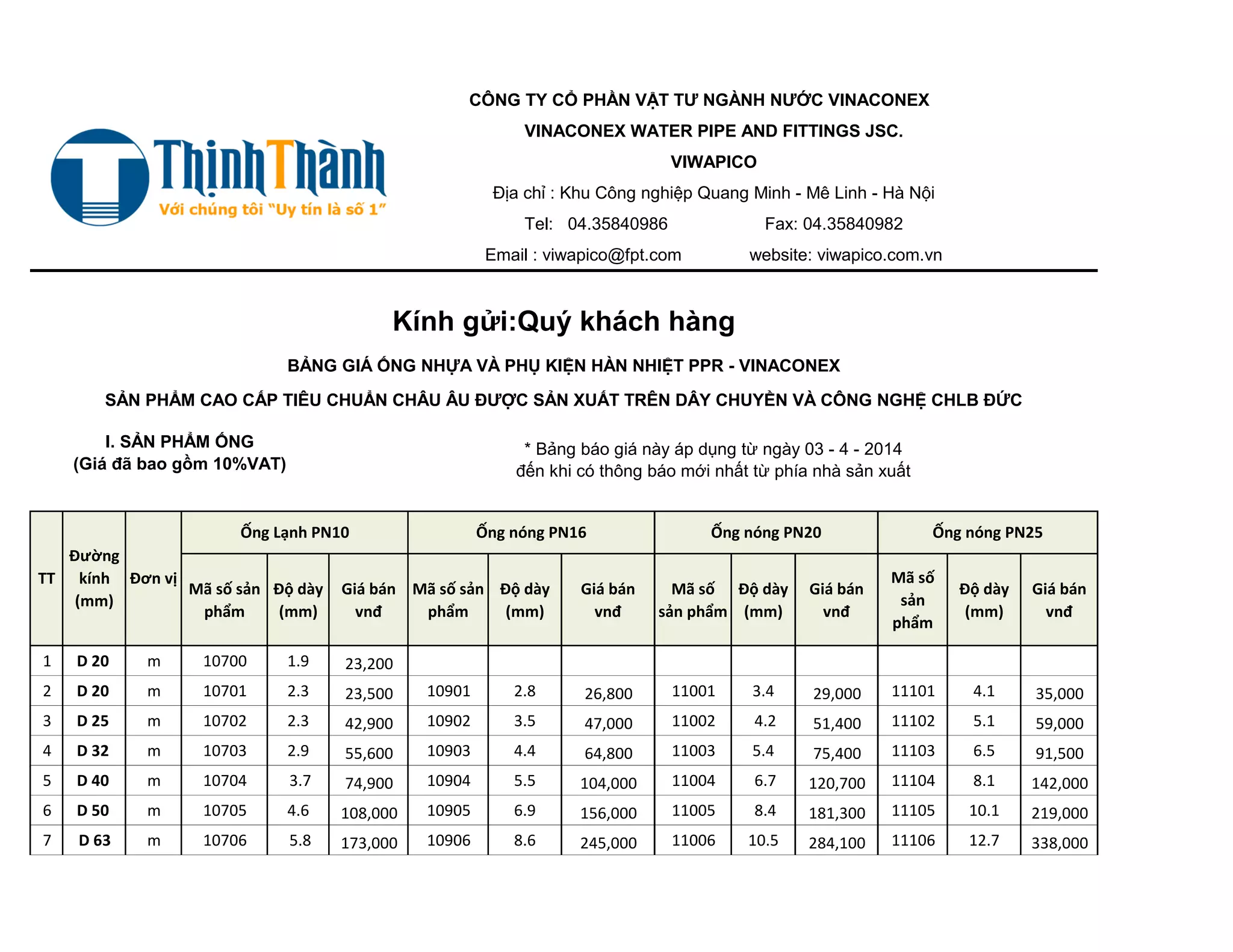 Bảng báo giá ống nhựa PPR Vinaconex | PDF