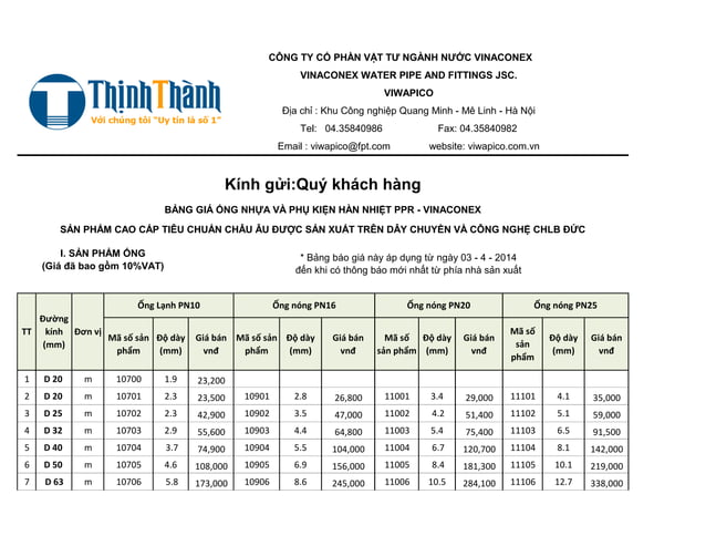Bảng báo giá ống nhựa PPR Vinaconex | PDF