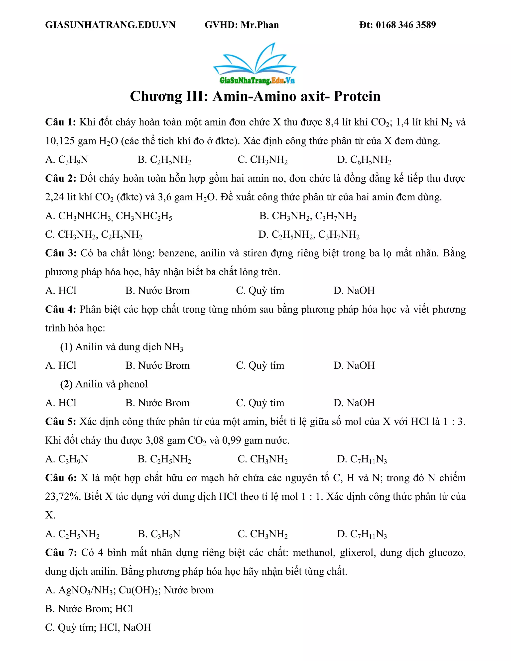 [Giasunhatrang.edu.vn]bai tap chuyen de amin amino axit protein | PDF