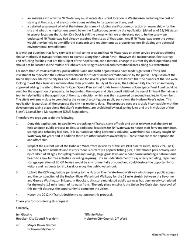 Jen Giattino anfd Tiffanie Fisher letter to NJDEP re: Union Dry Dock ...