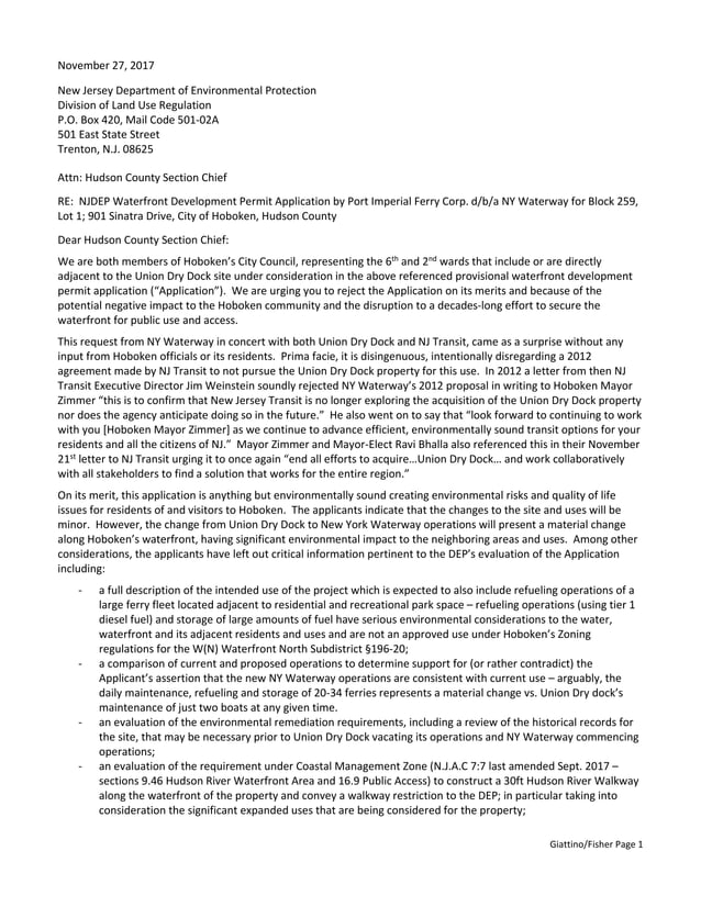 Jen Giattino anfd Tiffanie Fisher letter to NJDEP re: Union Dry Dock | PDF