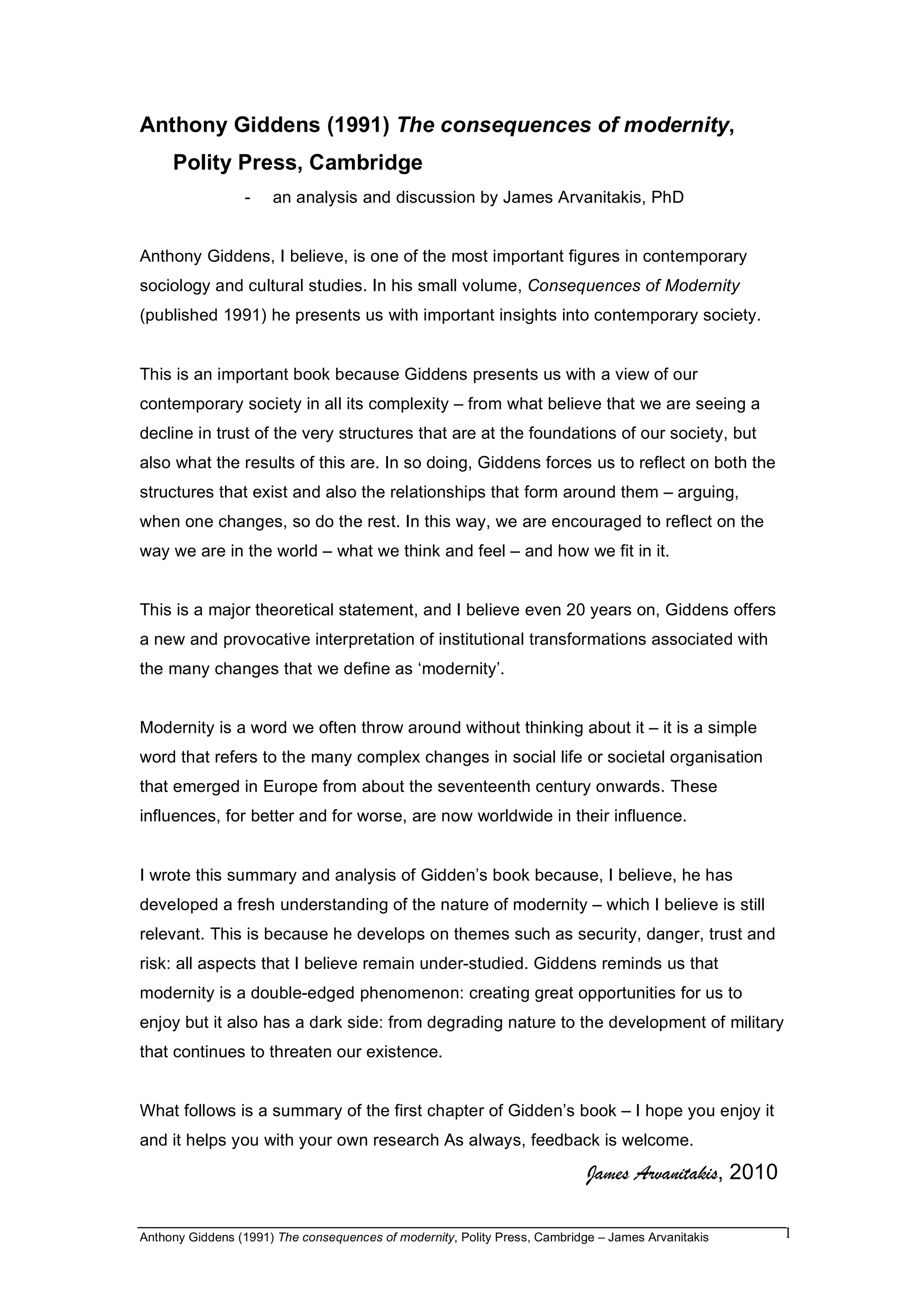 Giddens 1991 chapter-1_arvanitakis | PDF