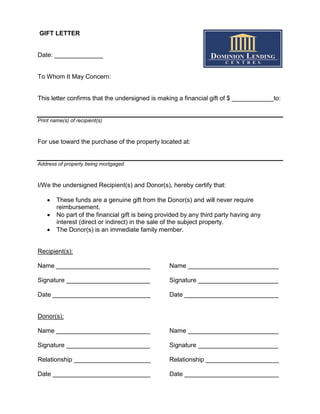 Financial Gift Letter