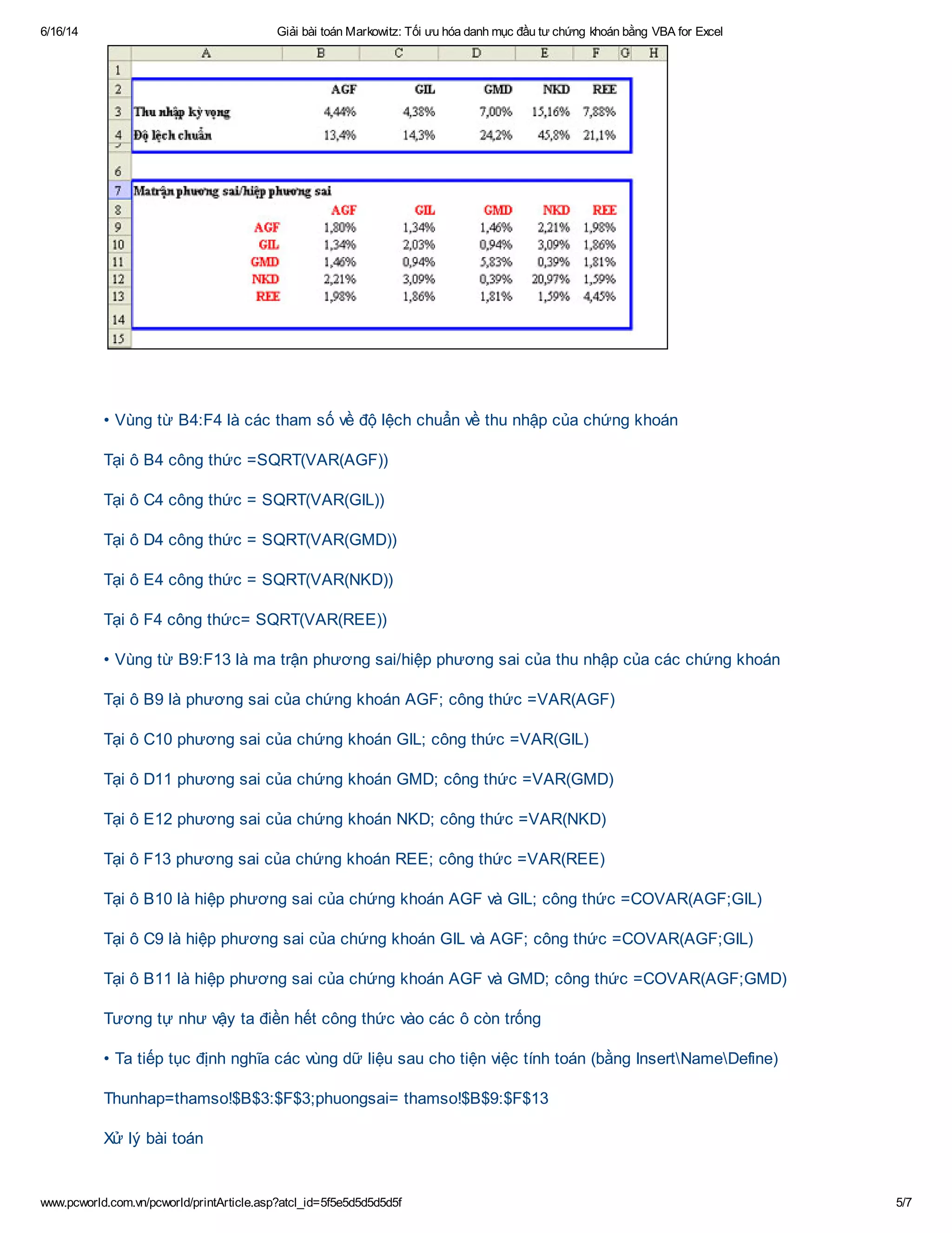 Giải bài toán markowitz tối ưu hóa danh mục đầu tư chứng khoán bằng vba for excel | PDF