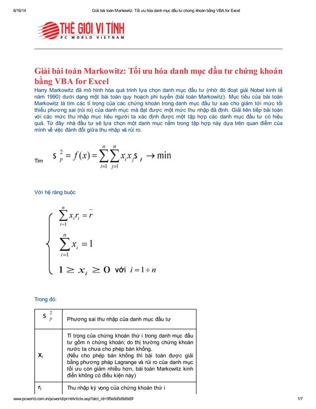 Giải bài toán markowitz tối ưu hóa danh mục đầu tư chứng khoán bằng vba for excel | PDF