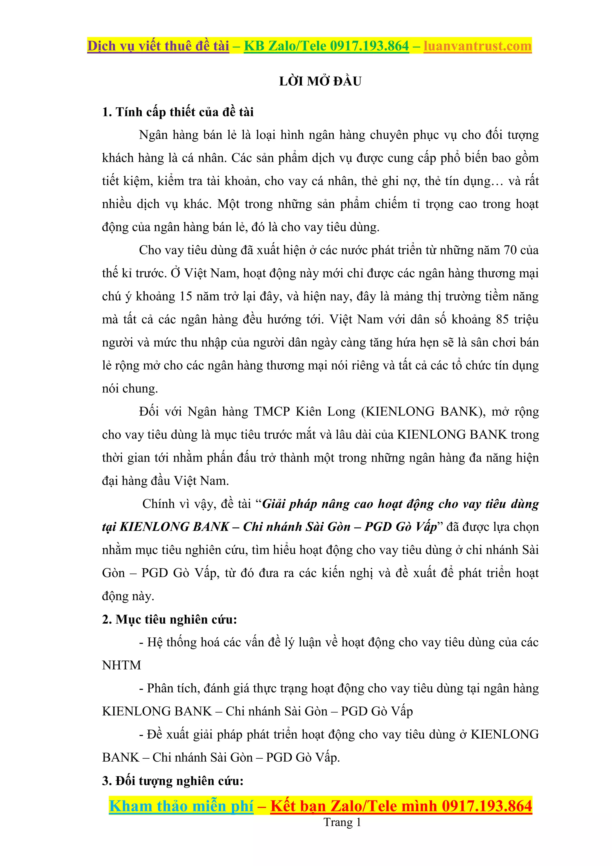 Giải pháp phát triển hoạt động cho vay tiêu dùng tại KIENLONG BANK.doc