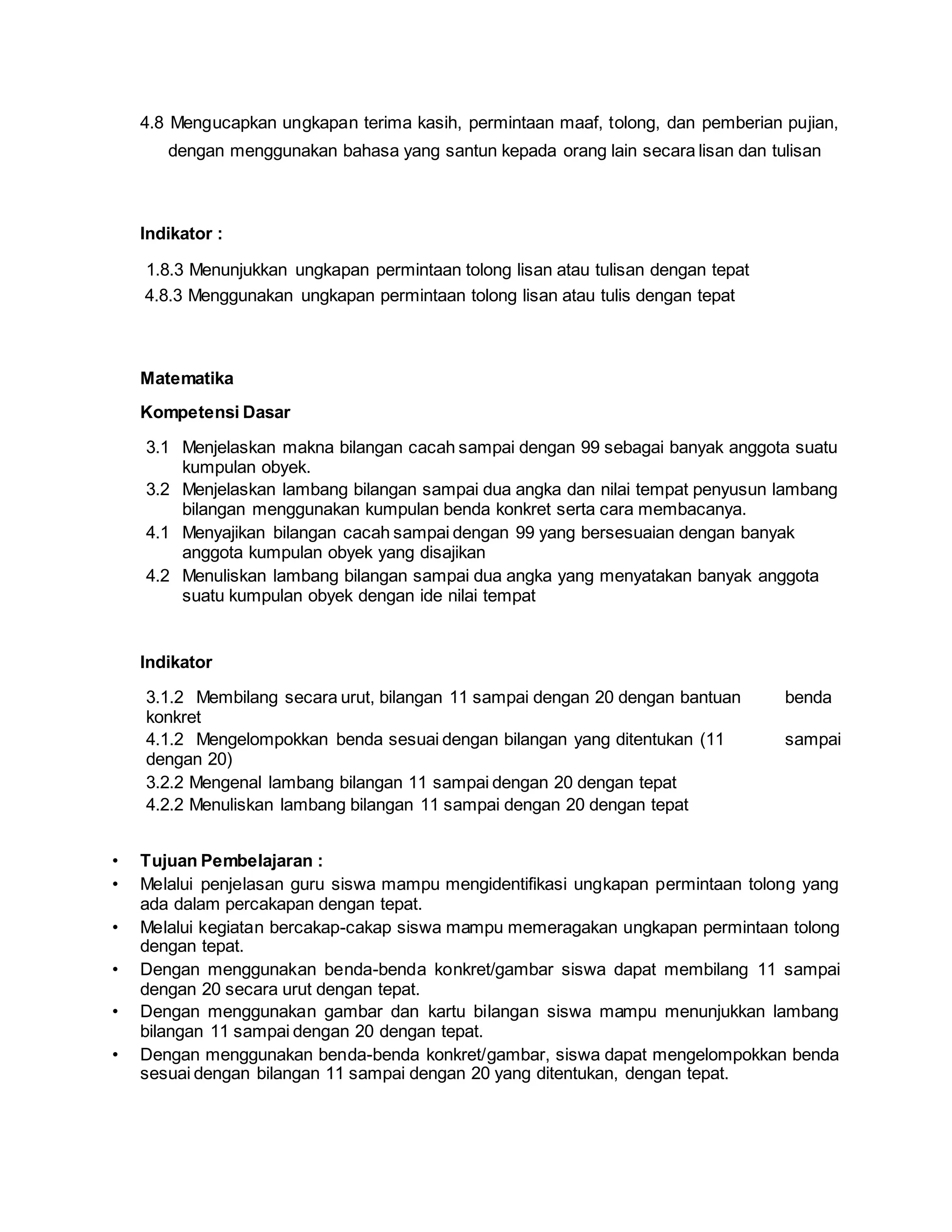 RPP SD Kelas 1 | PDF