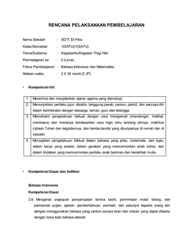 RPP SD Kelas 1 | PDF