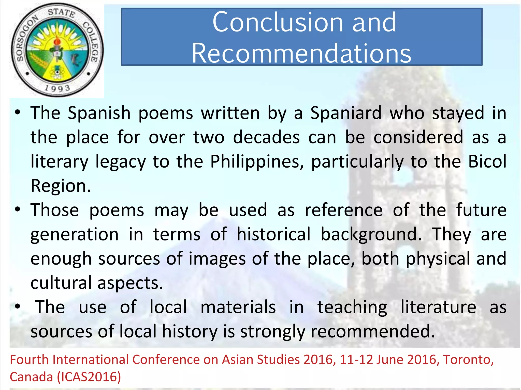 Poems on Bicol as Hispanic Heritage: Inputs in Teaching Literature as History | PPTX