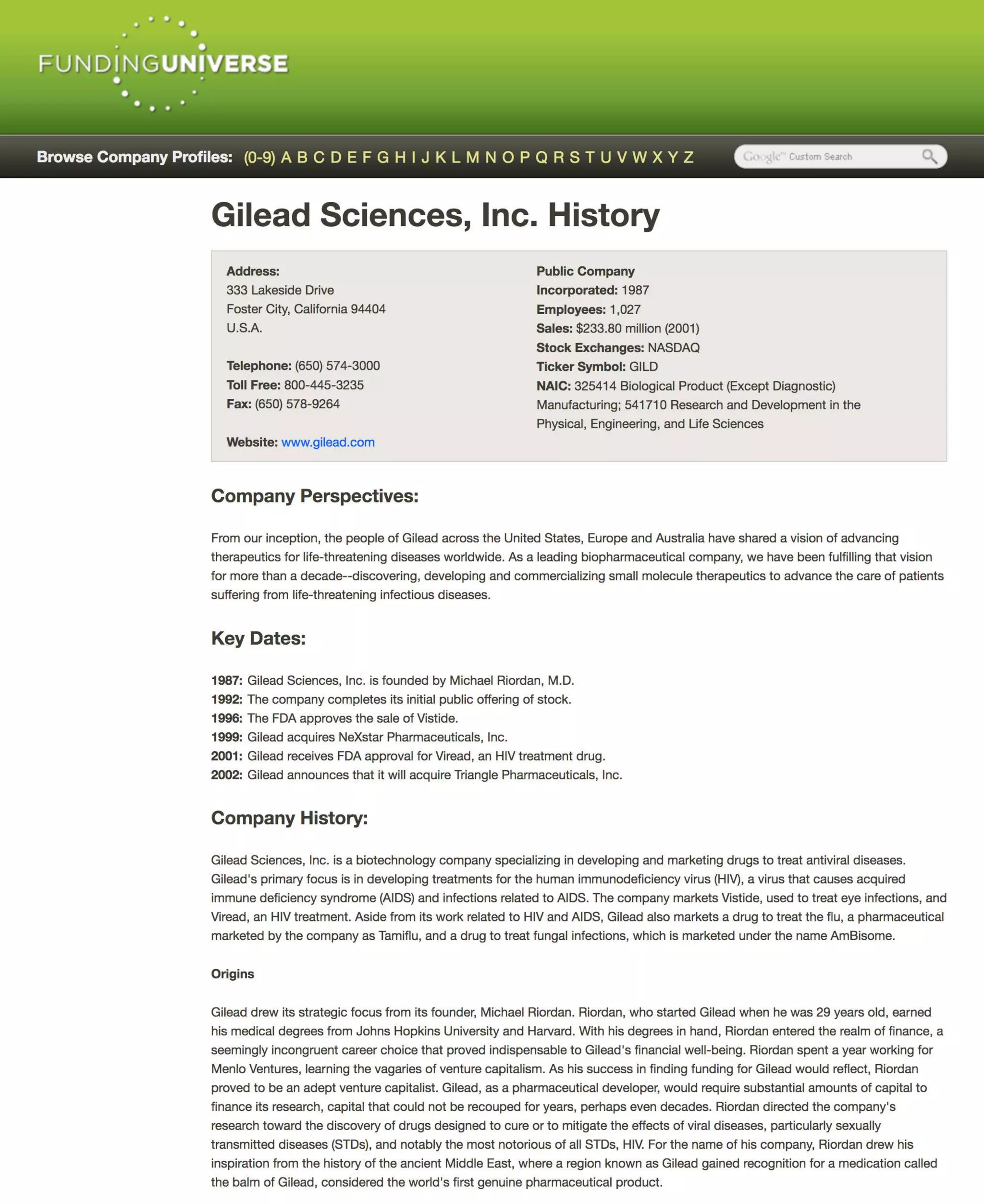 Gilead Sciences: First 15 Years | Article by Funding Universe | PDF