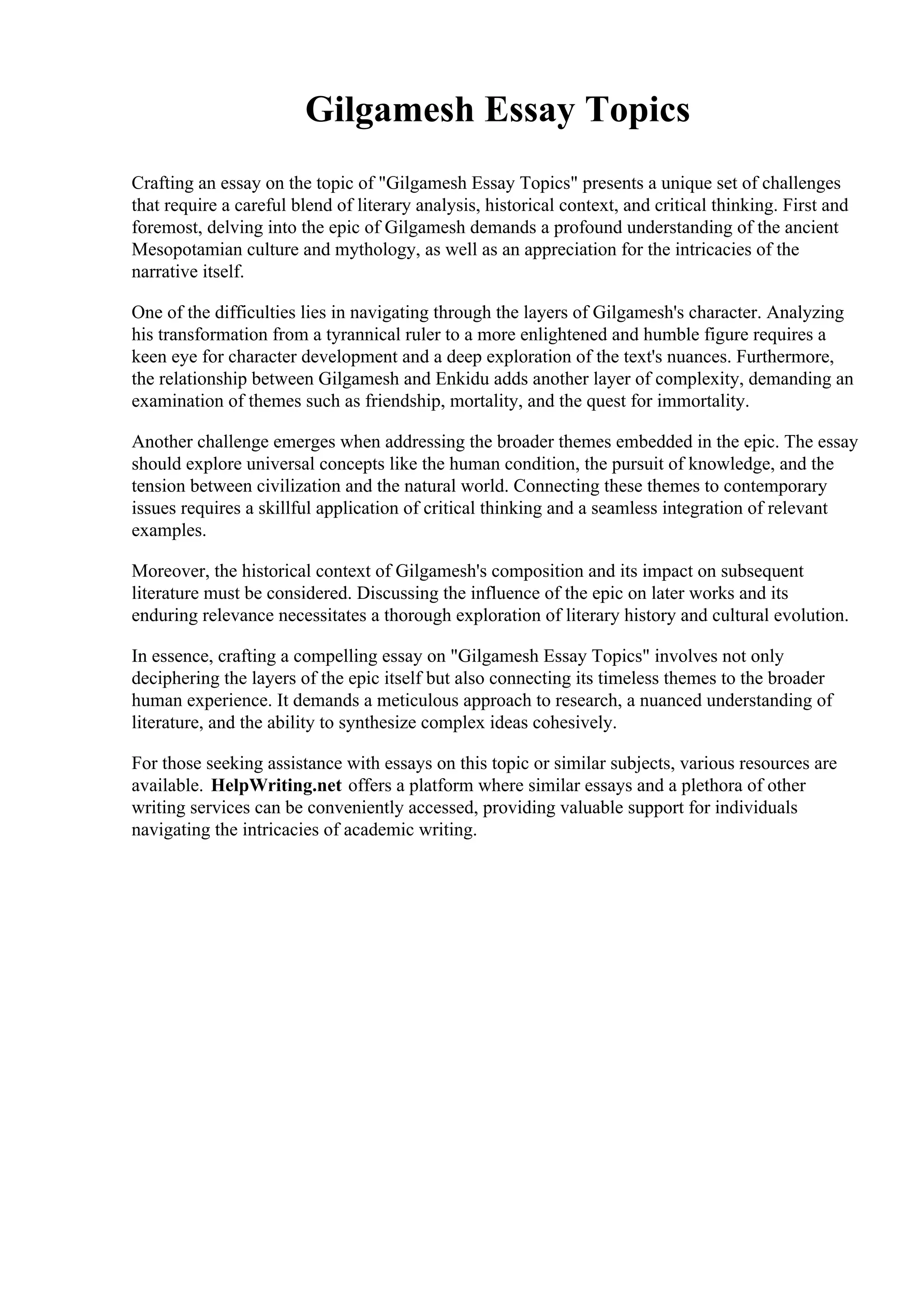 Gilgamesh Essay Topics. Southwestern Adventist University | PDF