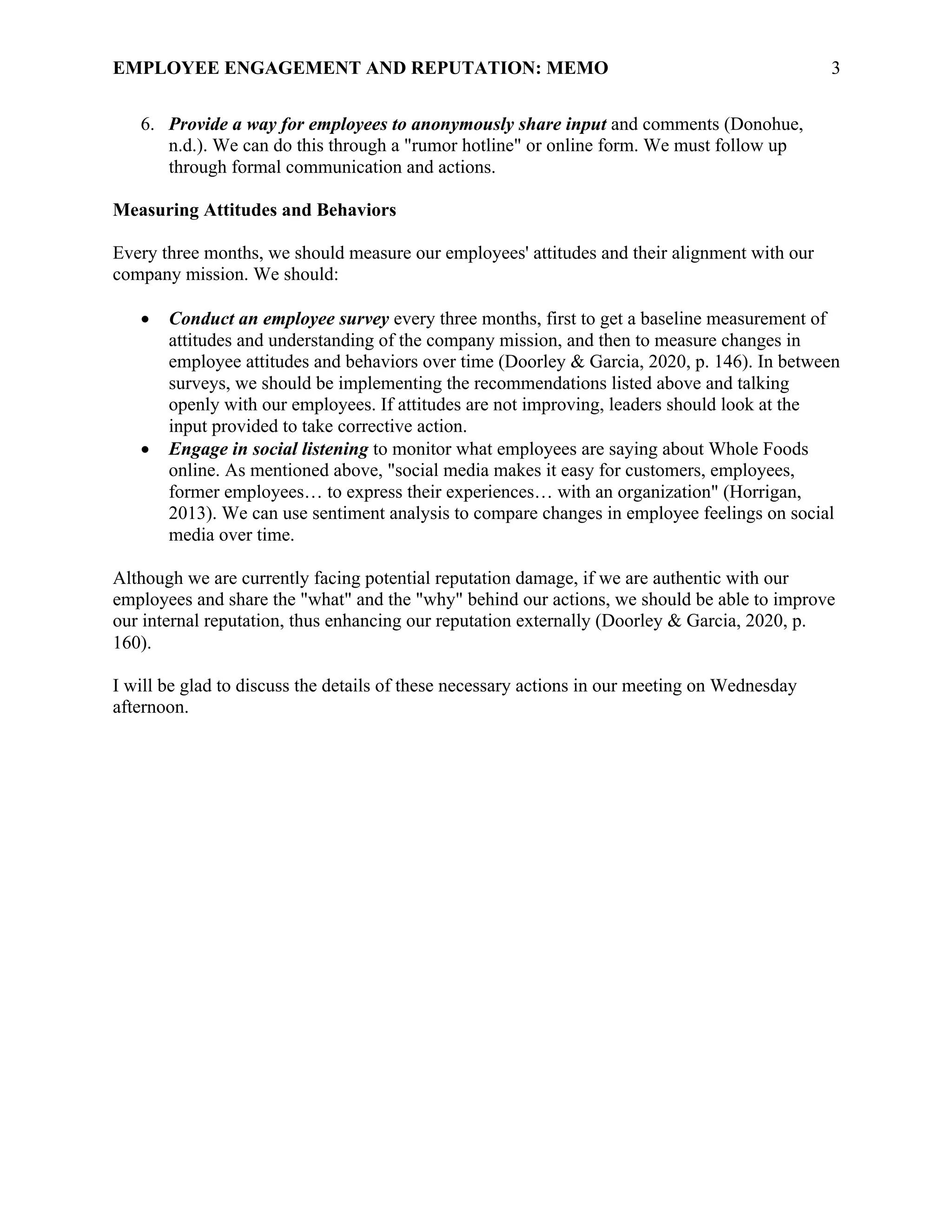 Employee Engagement and Reputation Management: Memo | PDF