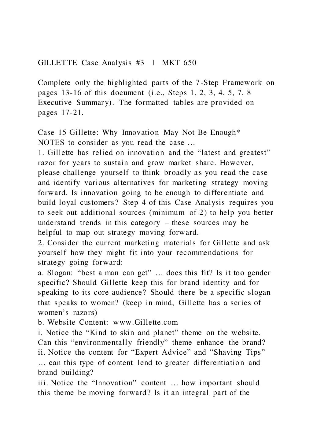 GILLETTE Case Analysis #3 MKT 650Complete only the highl | DOCX