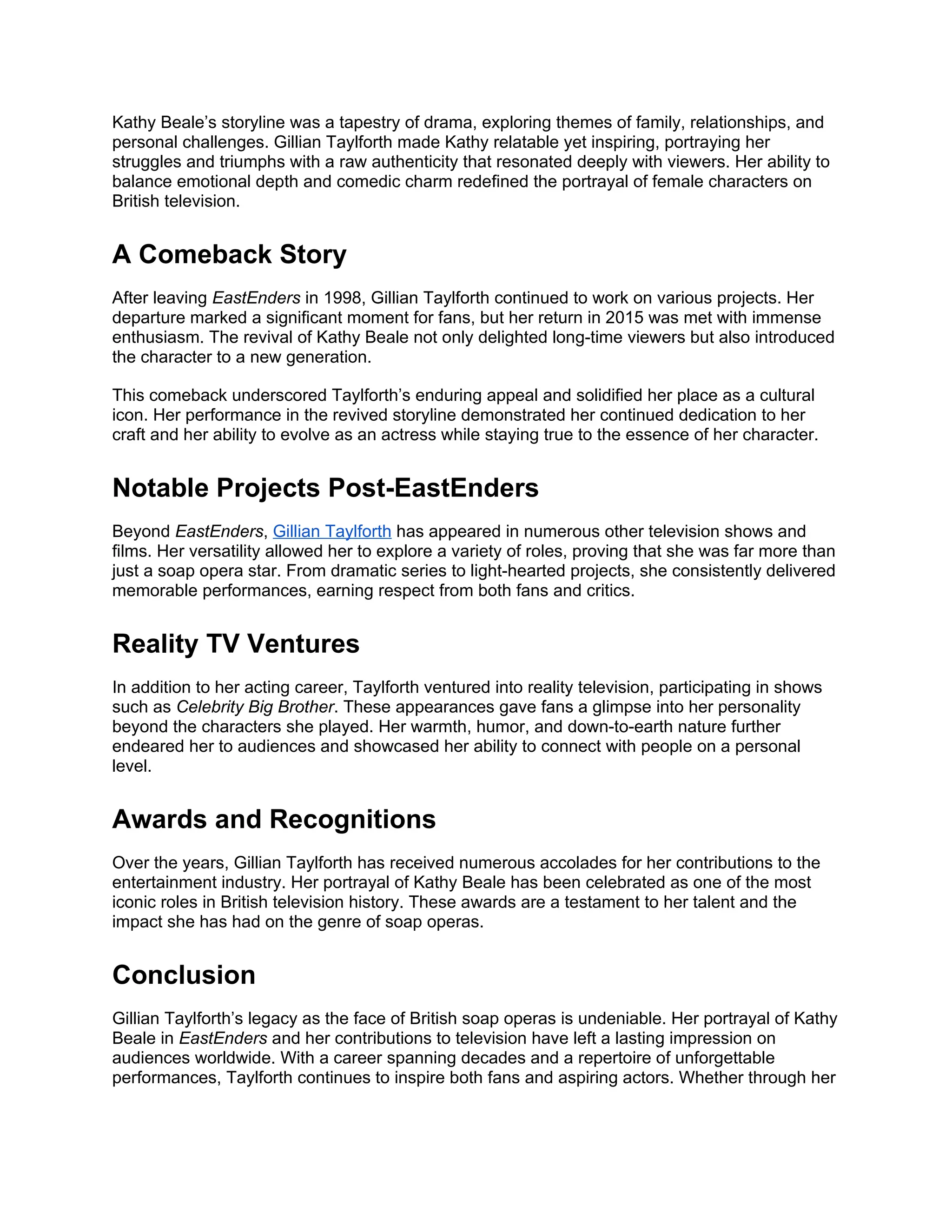 Gillian Taylforth: The Face of British Soap Opera Legacy | DOCX