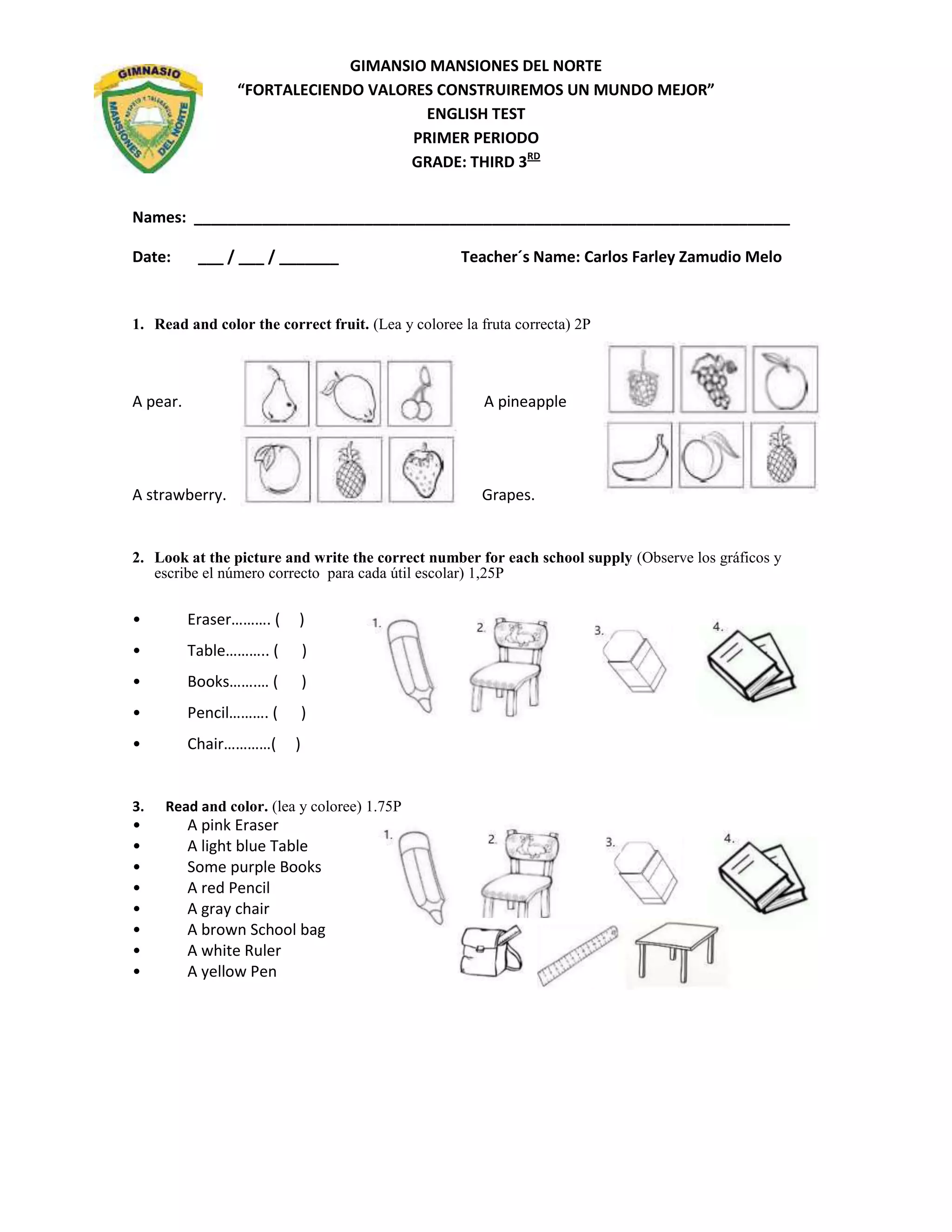 examen de ingles - tercer grado | PDF