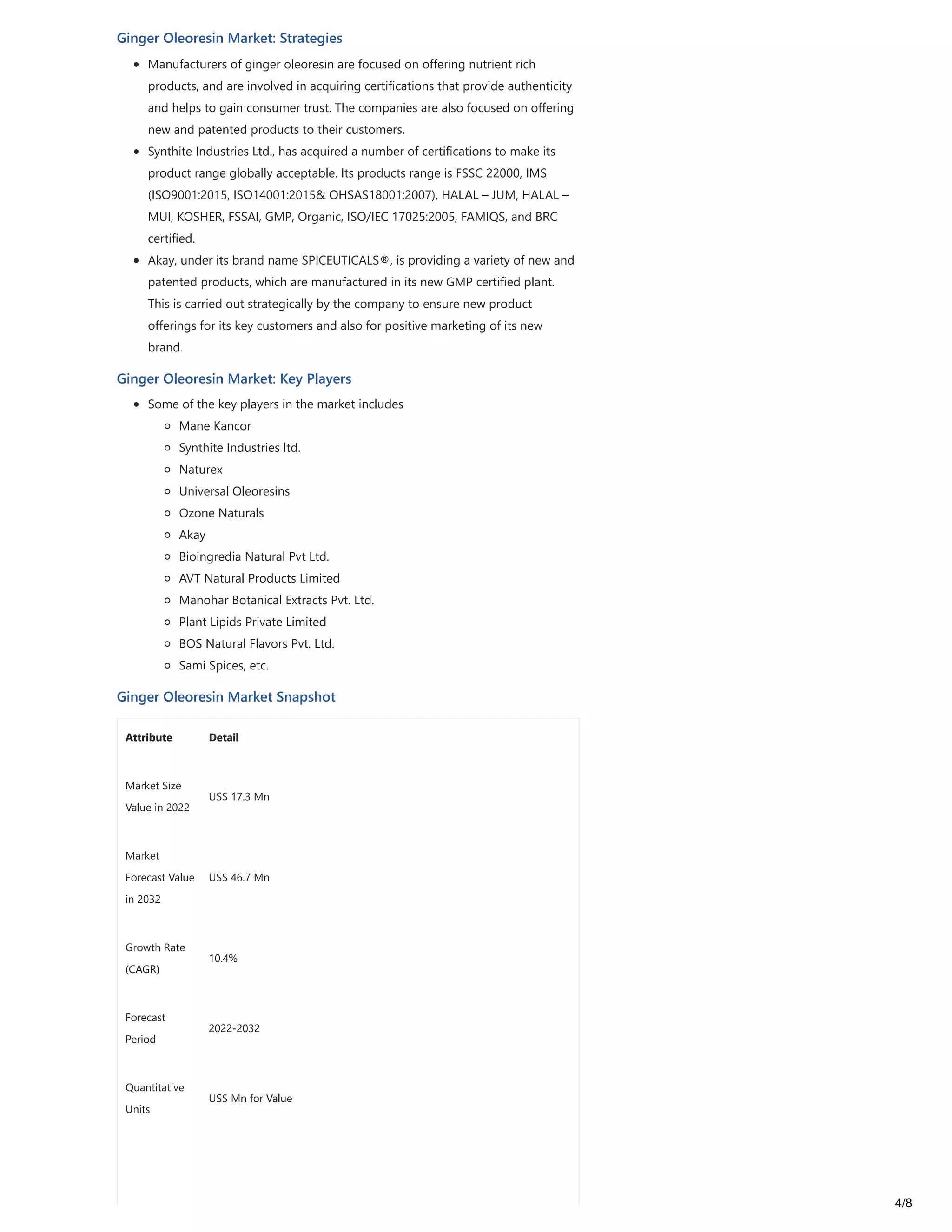 Ginger Oleoresin Market Outlook 2032 | PDF
