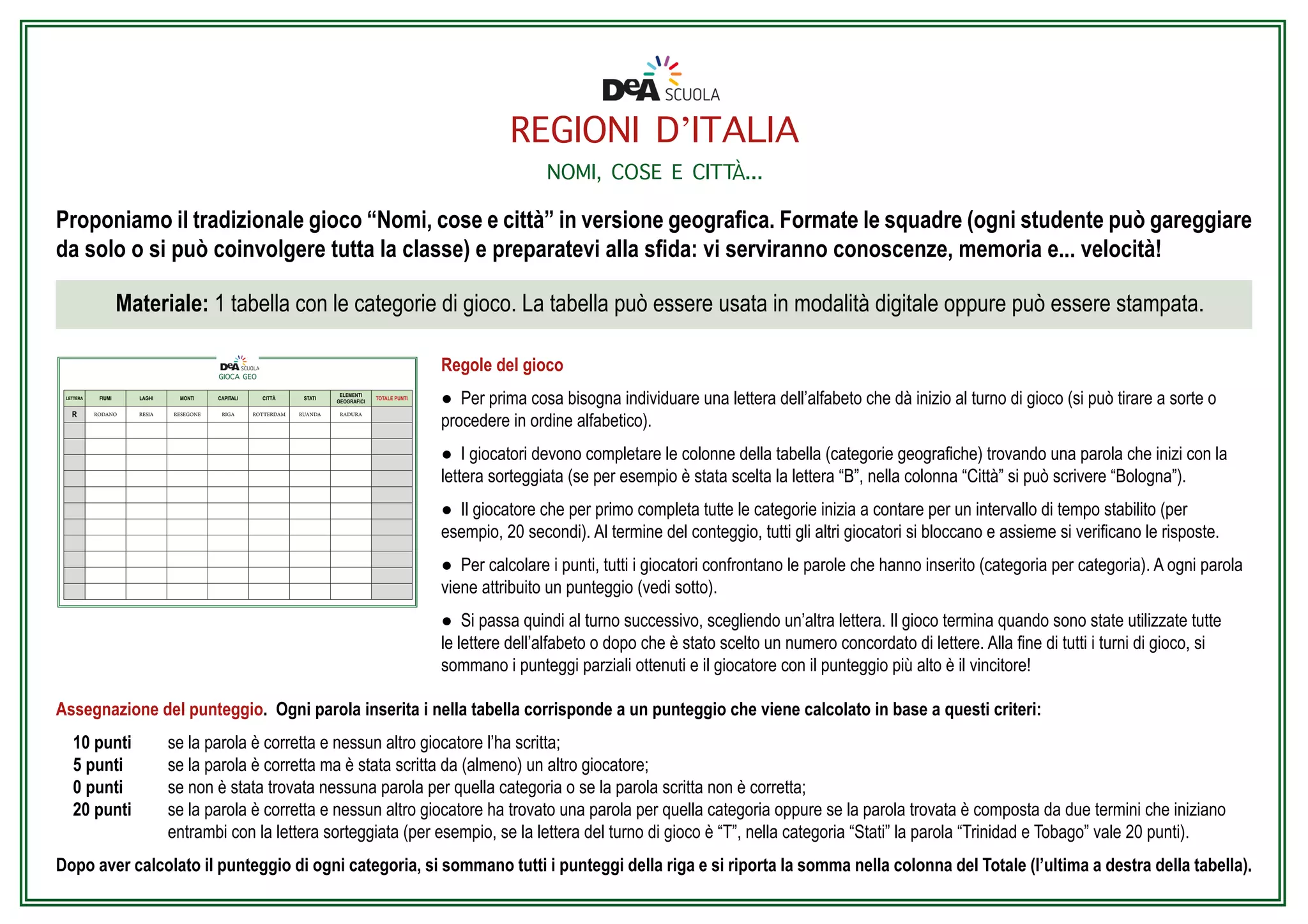 Gioca Geo #1 - Regioni d'Italia (nomi, cose, città) | PDF