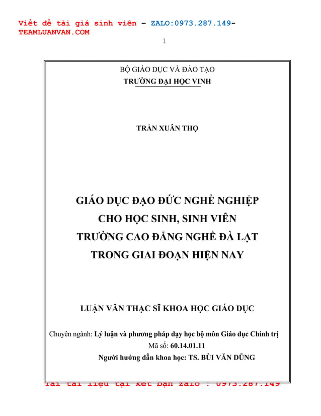 Giáo dục đạo đức nghề nghiệp Cho học sinh, sinh viên Trường cao đẳng nghề đà lạt Trong giai đoạn ...