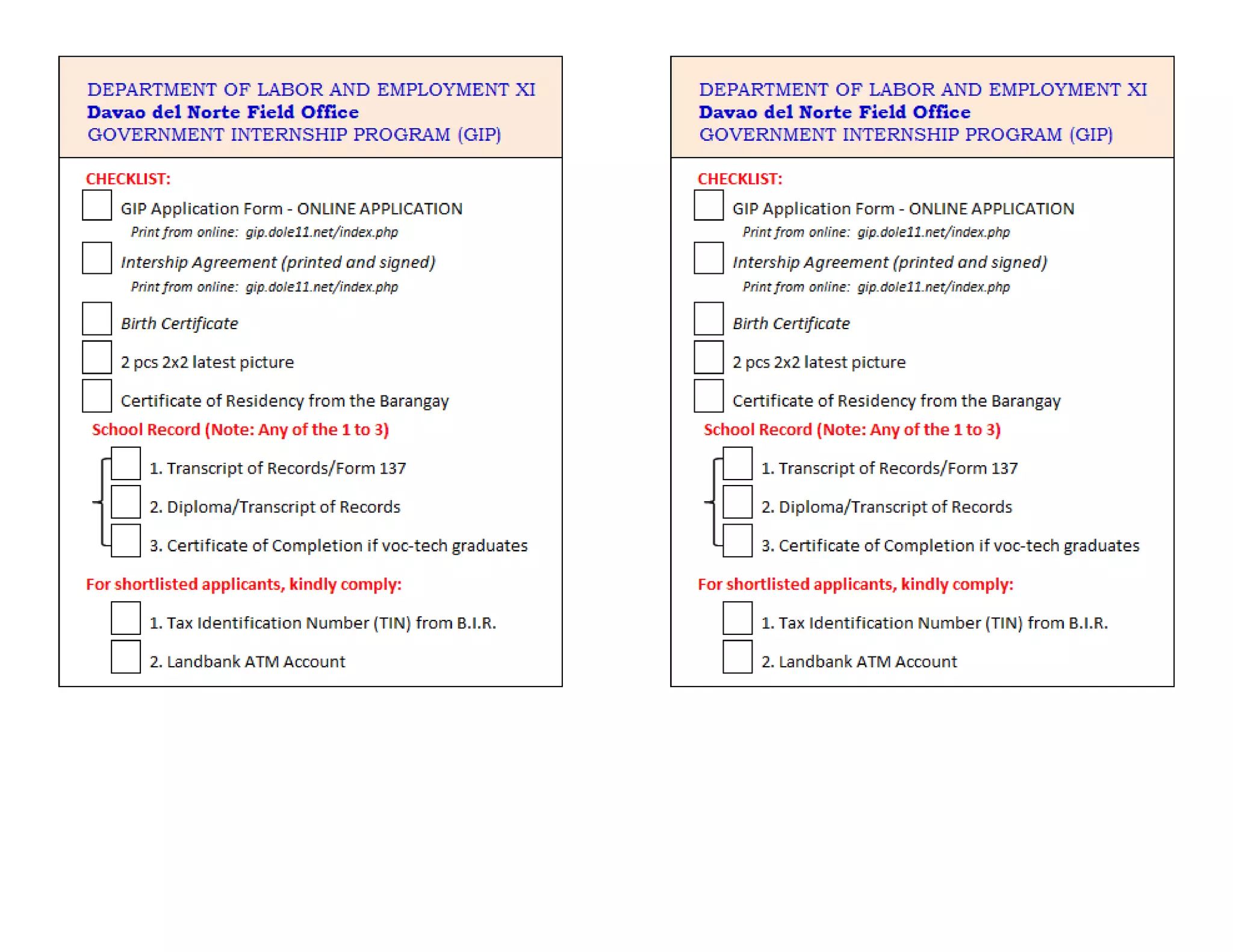 DOLE GIP Checklist of Requirements | PDF