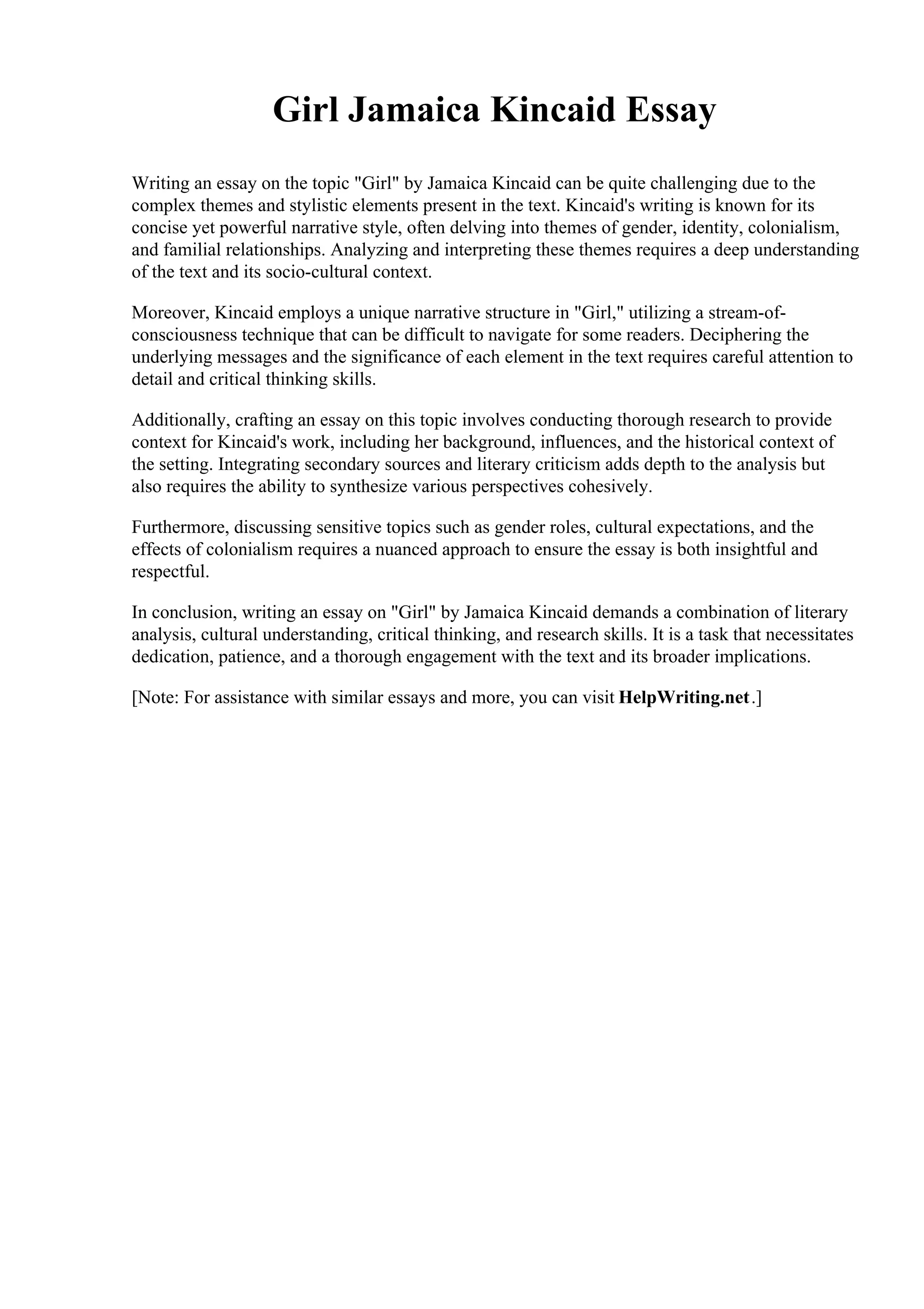 Girl Jamaica Kincaid Essay. San Jose City College | PDF