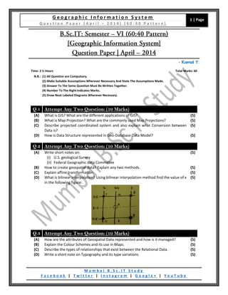 Geographic Information System (April – 2014) [60:40 Pattern | Question Paper] | PDF