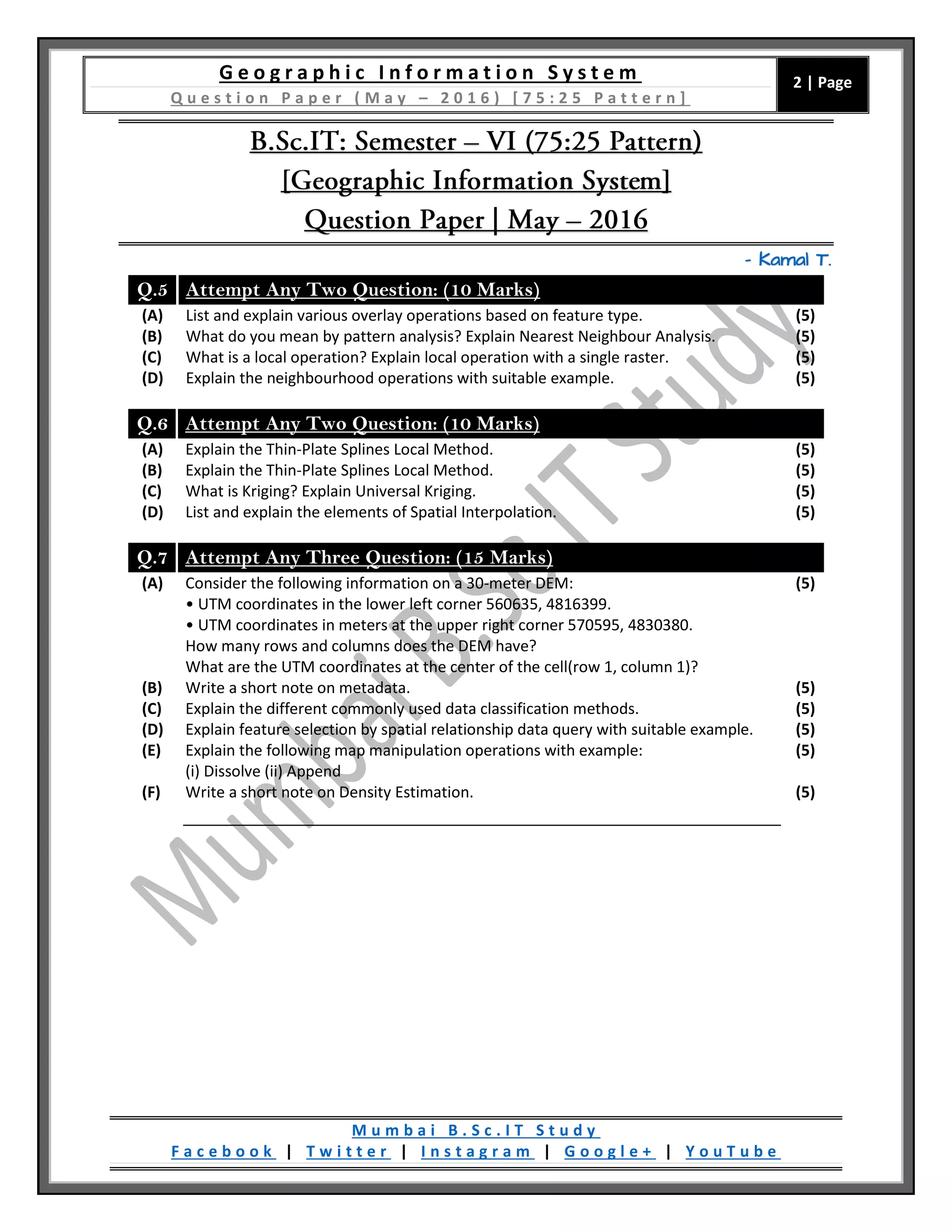 Geographic Information System (May – 2016) [75:25 Pattern | Question ...