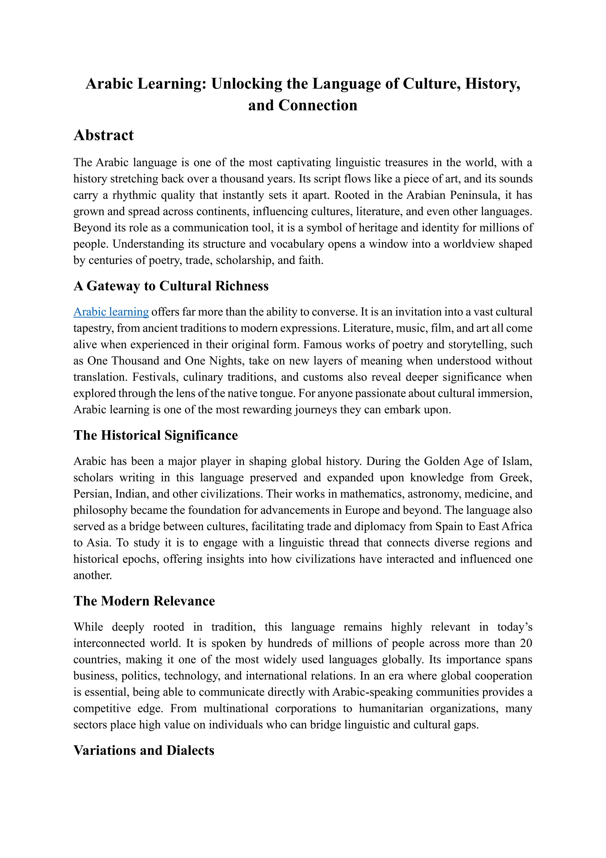 Arabic Learning: Unlocking the Language of Culture, History, and ...