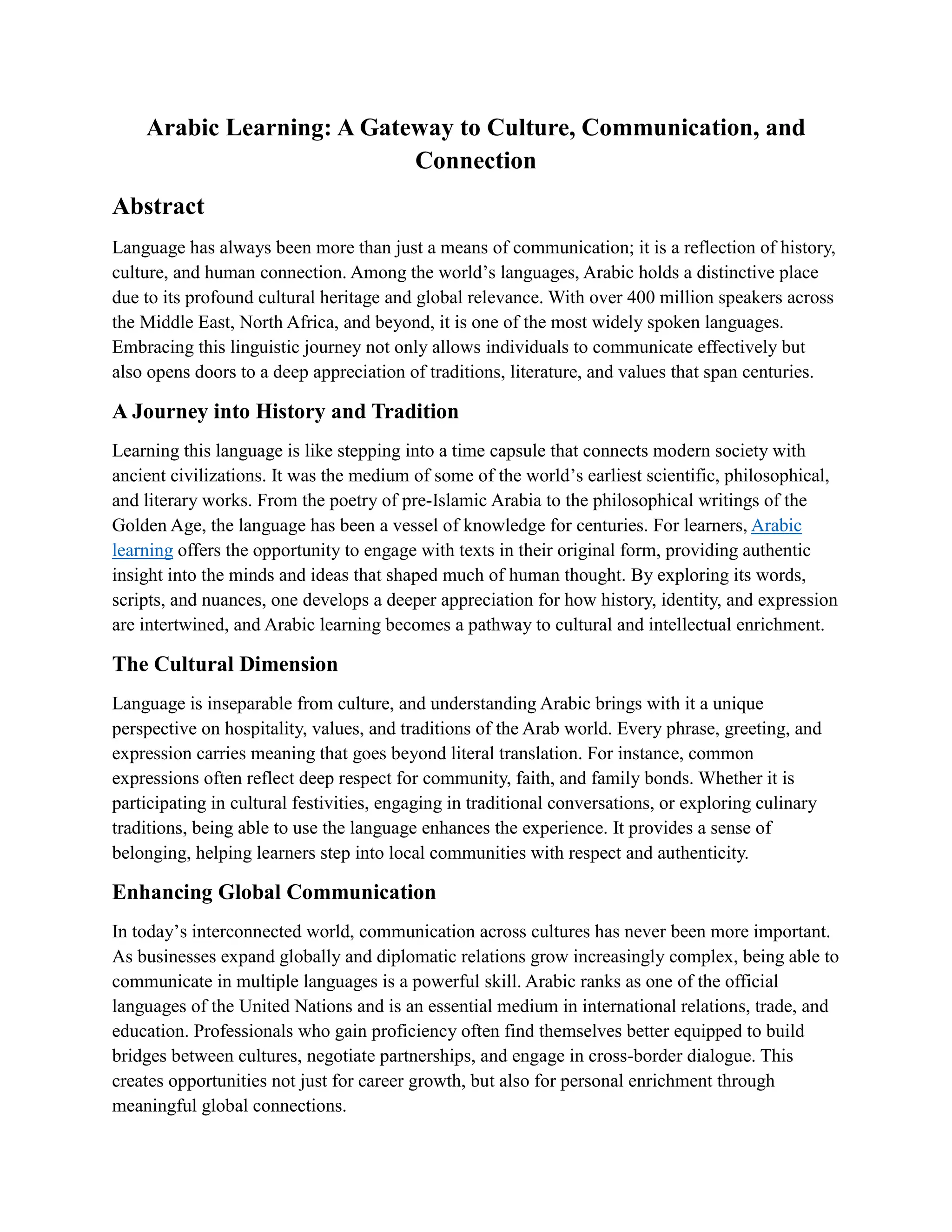 Arabic Learning: A Gateway to Culture, Communication, and Connection | PDF