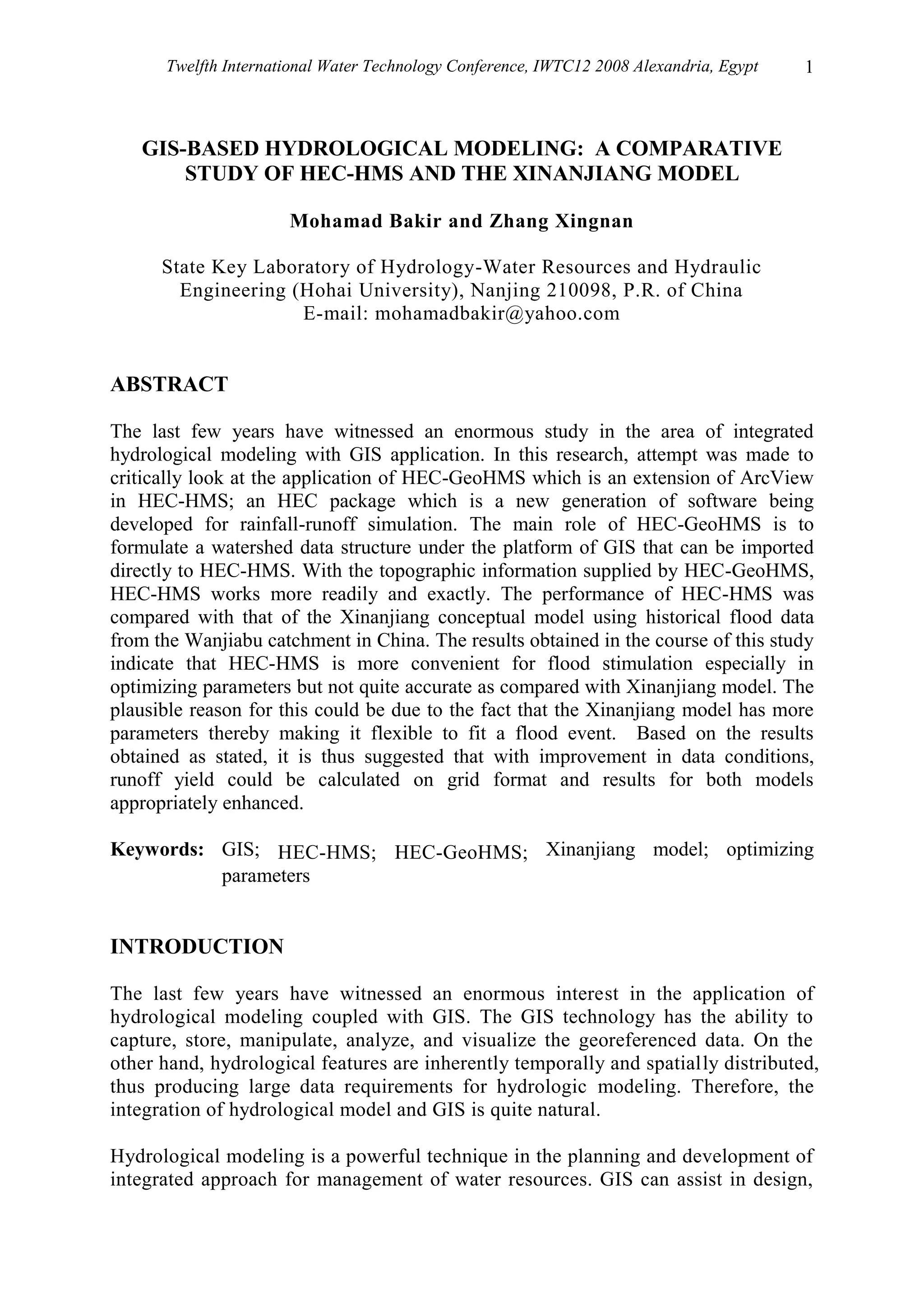 Gis based-hydrological-modeling.-a-comparative-study-of-hec-hms-and-the-xinanjiang-model | PDF