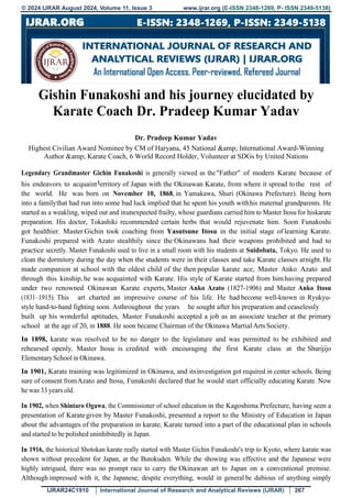 Gishin Funakoshi and his journey elucidated by Karate Coach Dr. Pradeep Kumar Yadav | PDF