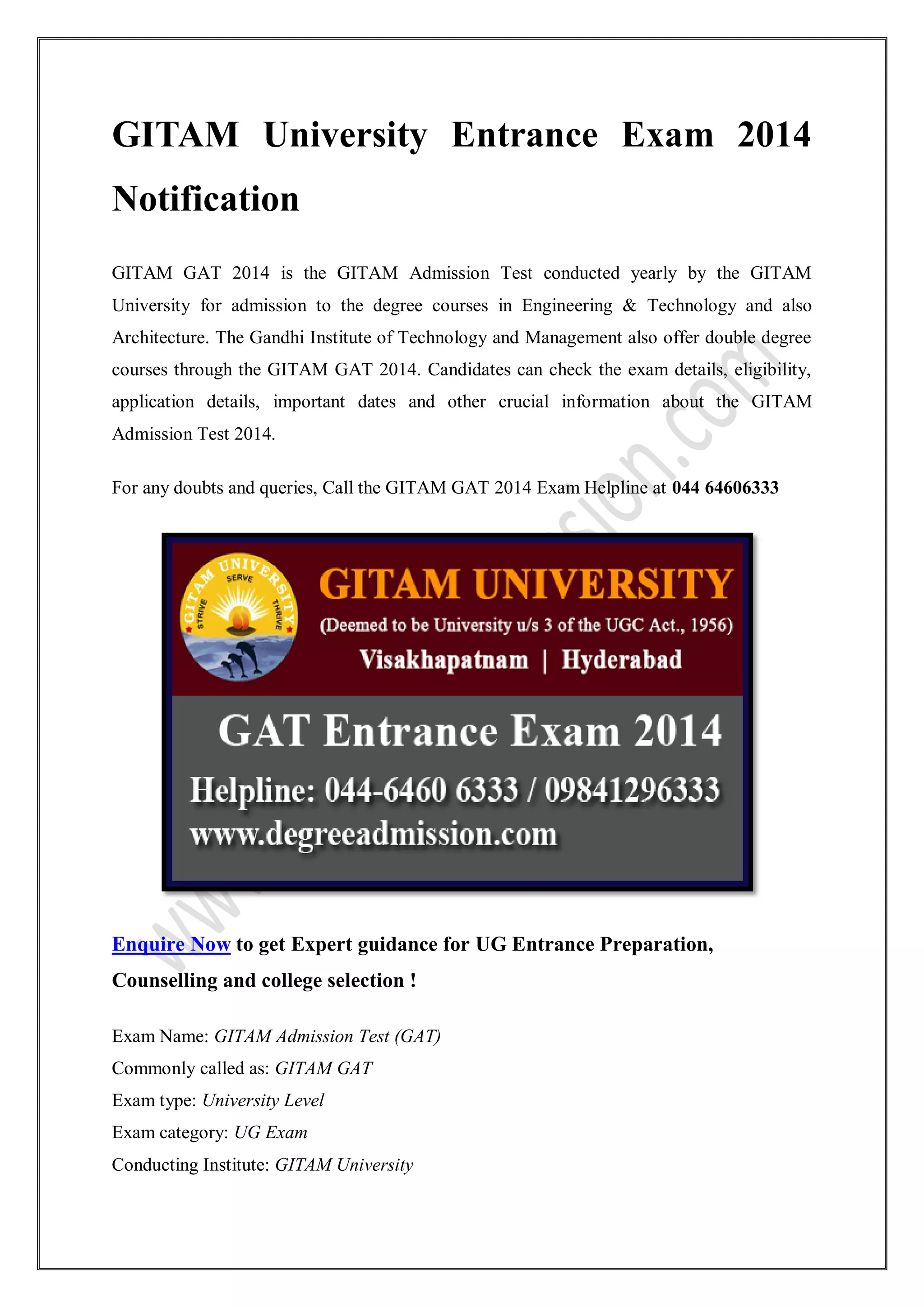 Gitam university entrance exam 2014 notification | PDF