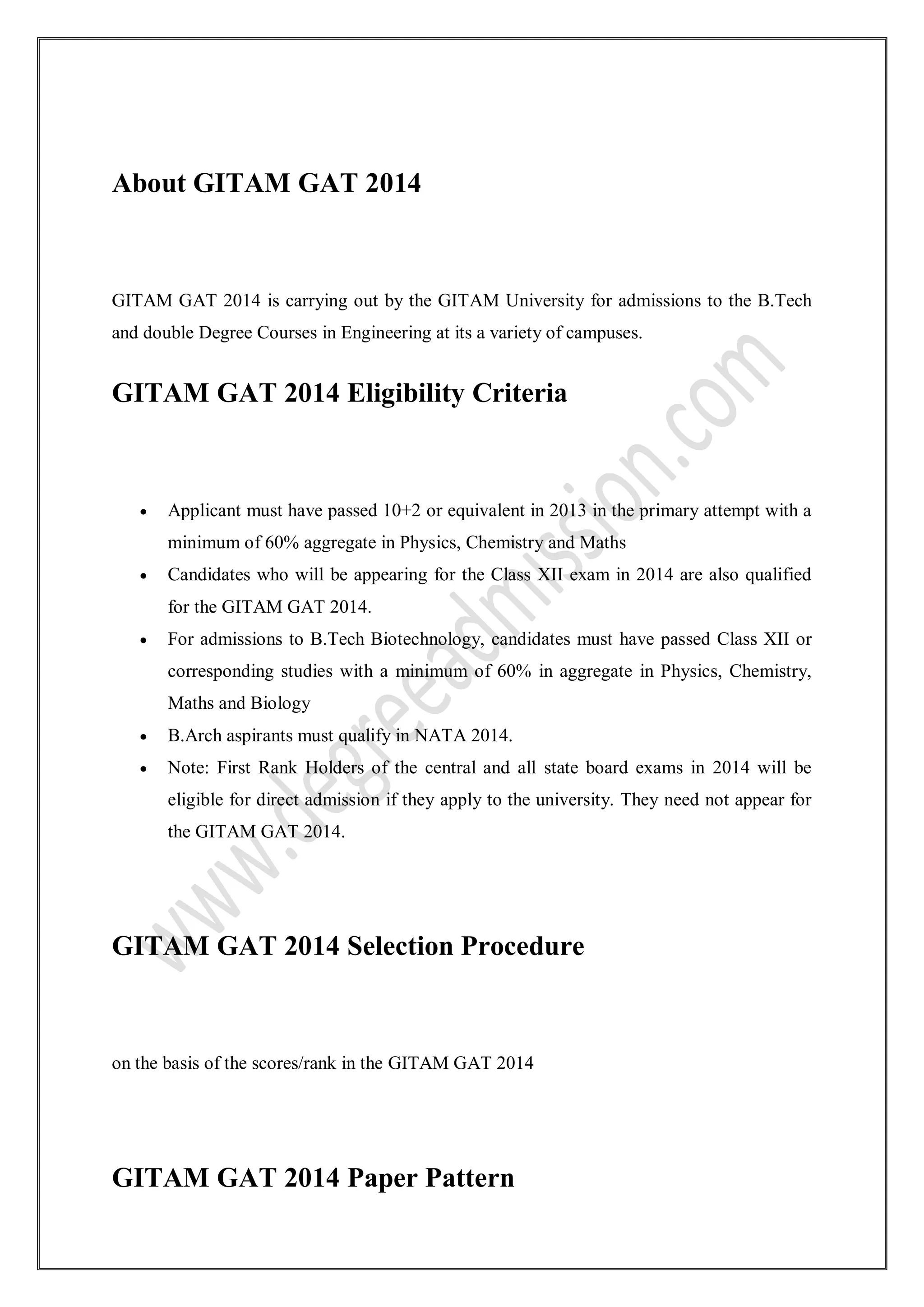 Gitam university entrance exam 2014 notification | PDF