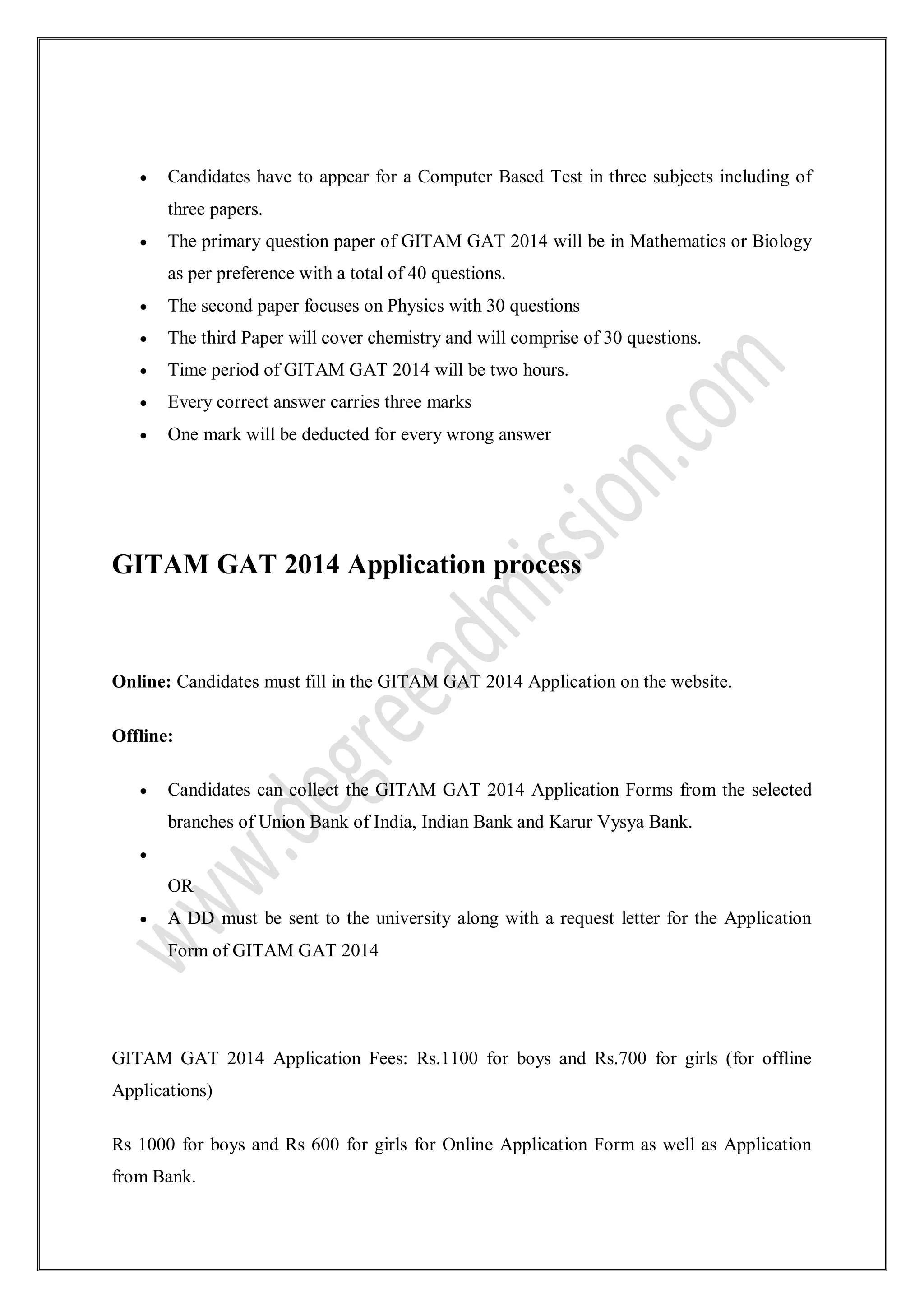 Gitam university entrance exam 2014 notification | PDF