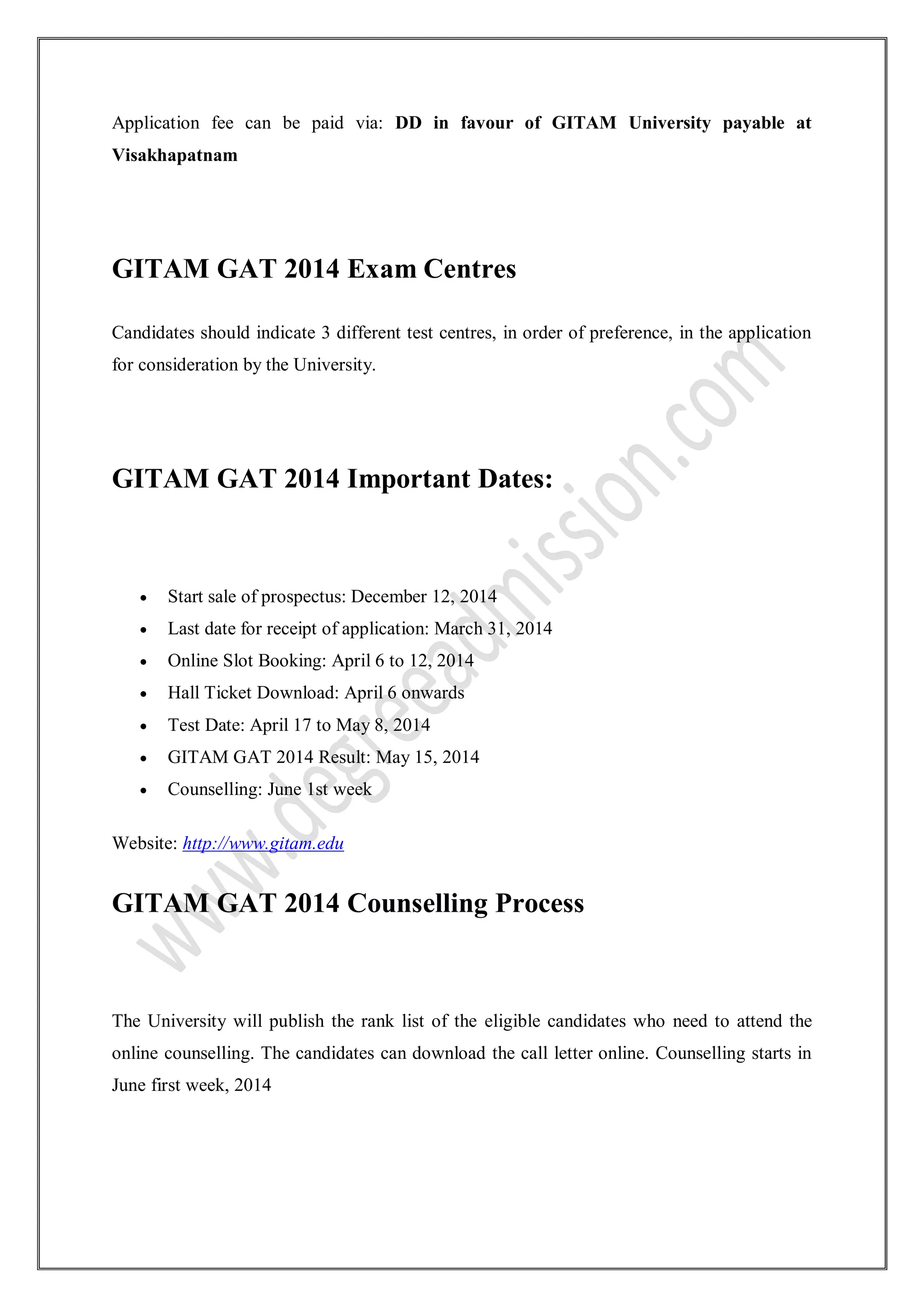 Gitam university entrance exam 2014 notification | PDF