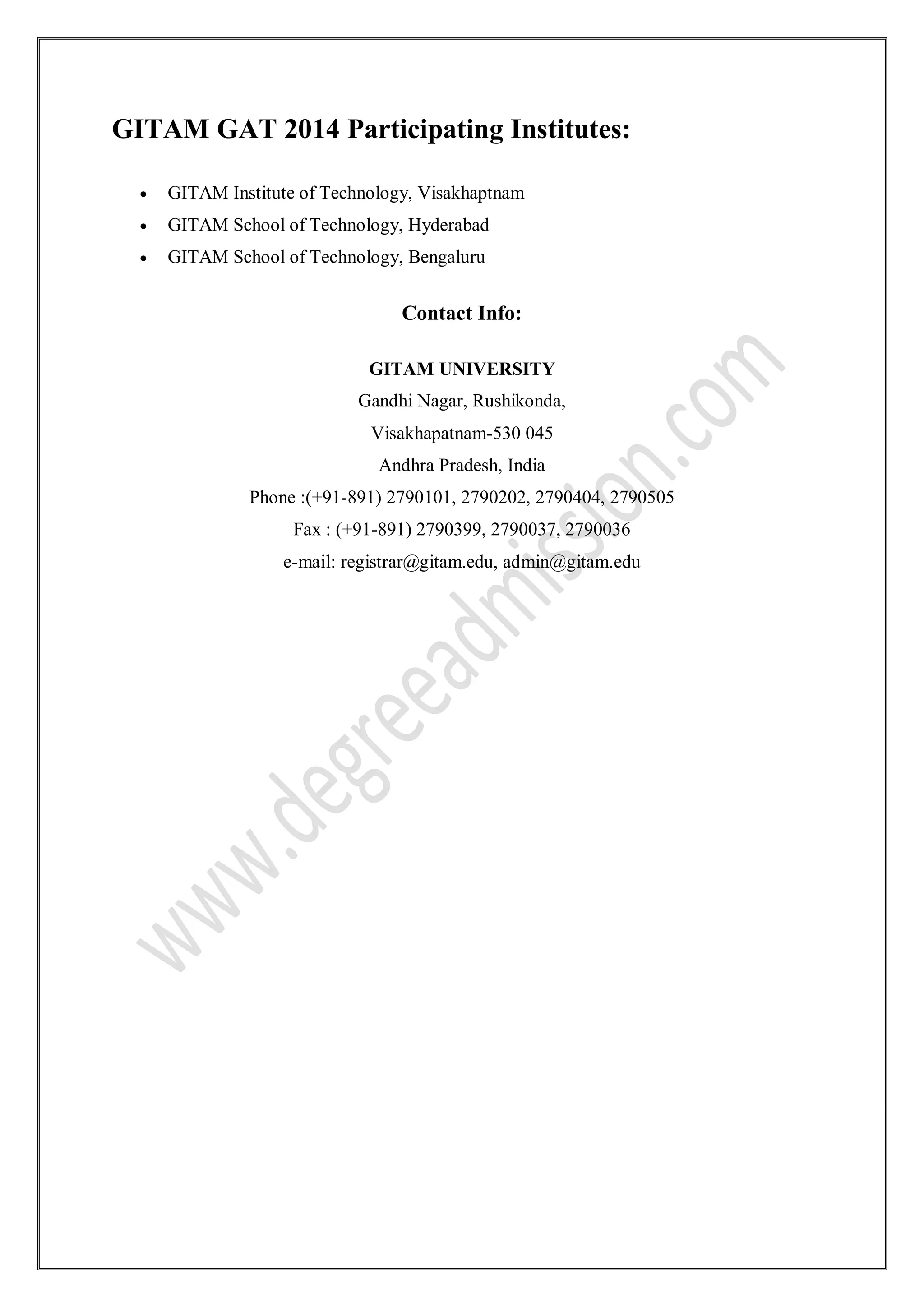 Gitam university entrance exam 2014 notification | PDF